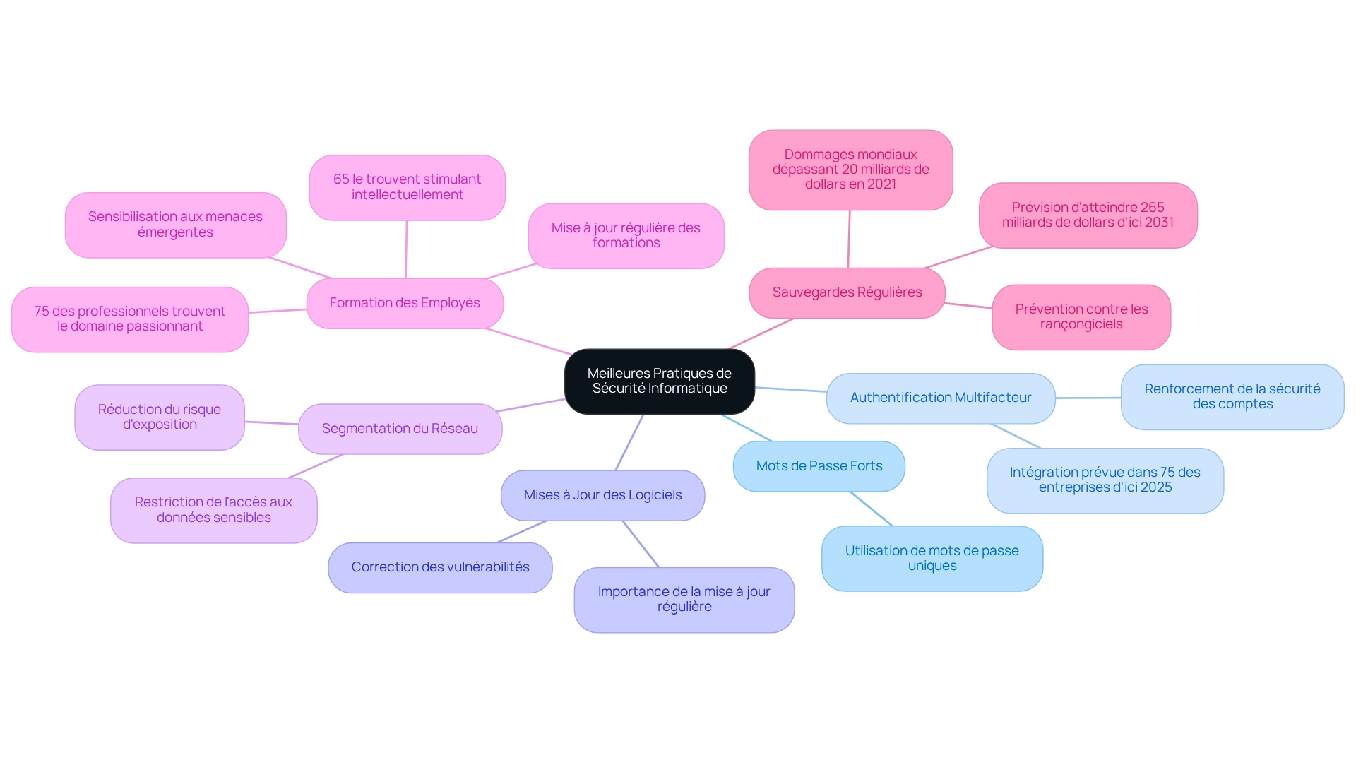 Chaque branche principale représente une pratique de sécurité, et les sous-branches offrent des détails et des statistiques connexes. Les couleurs indiquent différentes catégories de pratiques.