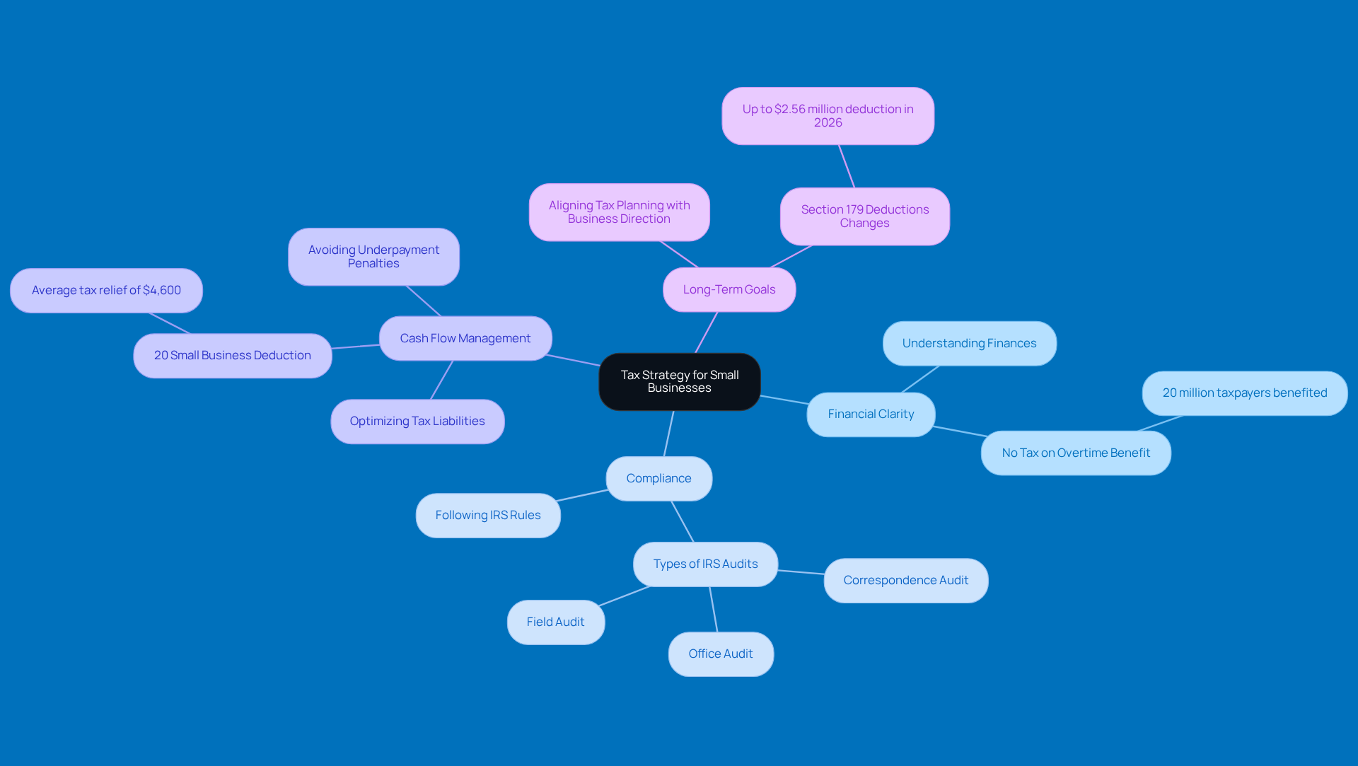 The central node represents the overall tax strategy, while each branch highlights a key reason why it's important. The sub-branches provide specific details and examples related to each reason, helping you see how they all connect to the main idea.