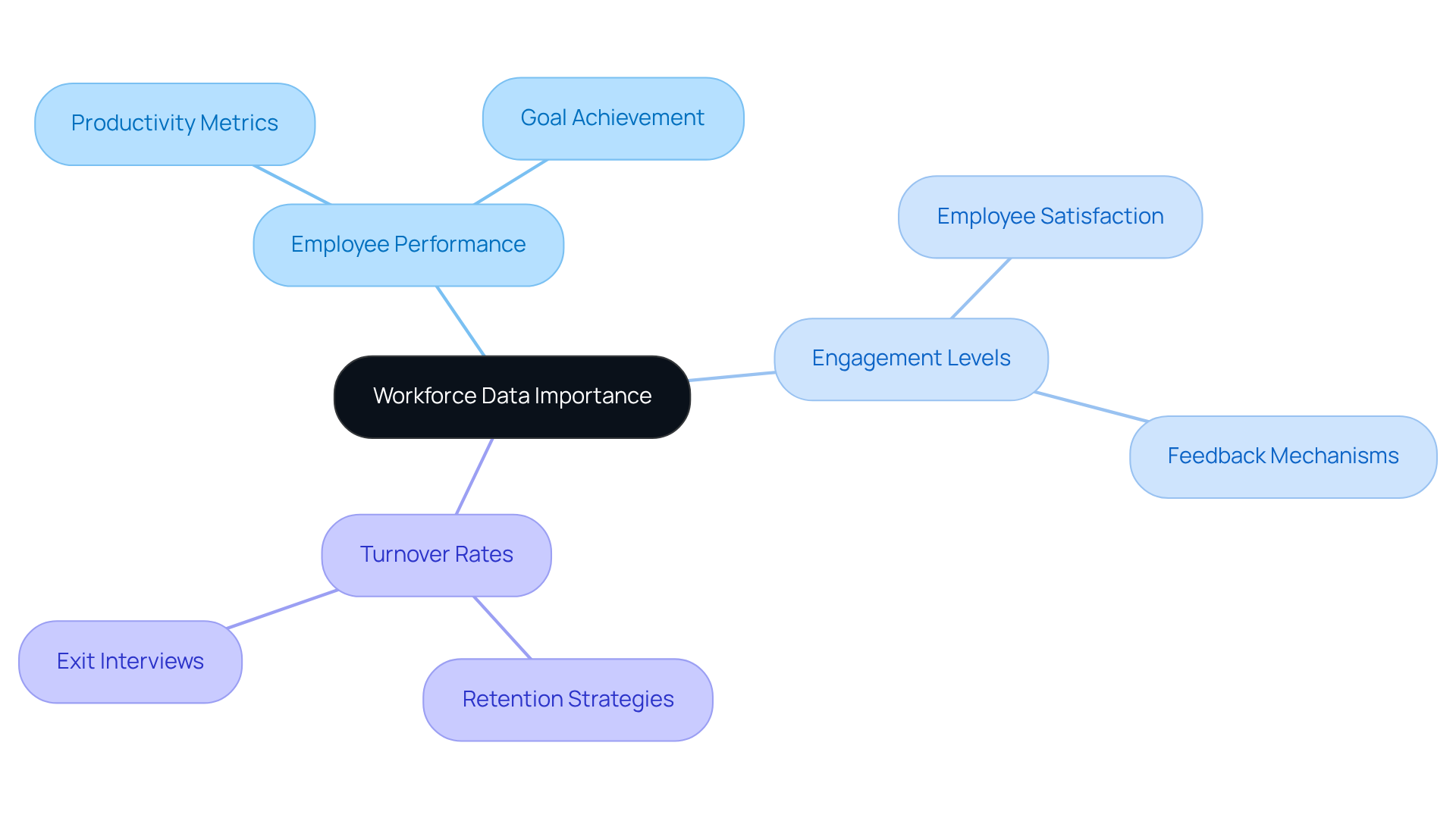 The center represents the importance of workforce data. Follow the branches to explore how each component—like performance and engagement—affects the growth and health of a startup.