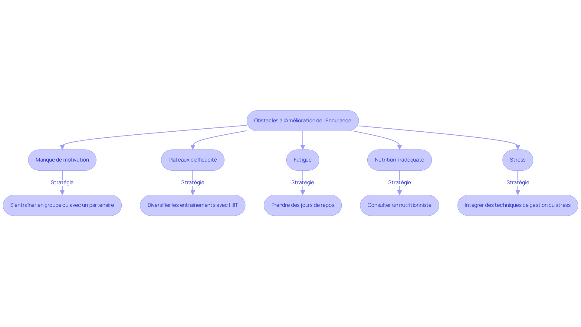 Chaque boîte représente un obstacle que vous pourriez rencontrer. Suivez les flèches pour voir les stratégies que vous pouvez utiliser pour surmonter ces défis et améliorer votre endurance.