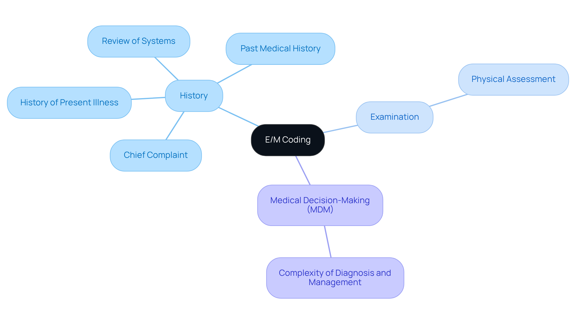 The central node represents E/M coding, while the branches show its key components. Each sub-node provides more detail about what each component entails, helping you understand the structure and application of E/M coding. The central node represents E/M coding, while the branches show its key components. Each sub-node provides more detail about what each component entails, helping you understand the structure and application of E/M coding.
