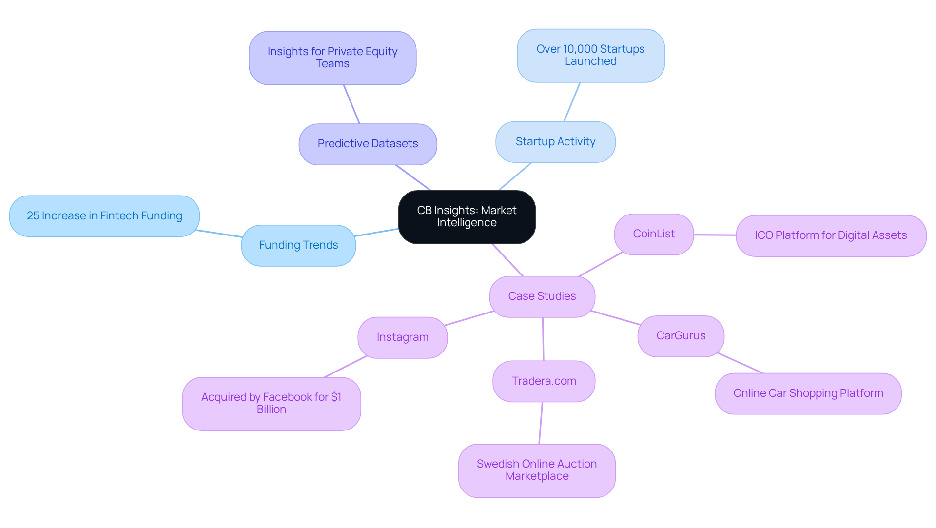 The central node represents CB Insights, with branches showing major themes. Each branch provides insights into funding trends, startup activity, and how these insights aid investment decisions, helping readers understand the interconnectedness of market analytics.