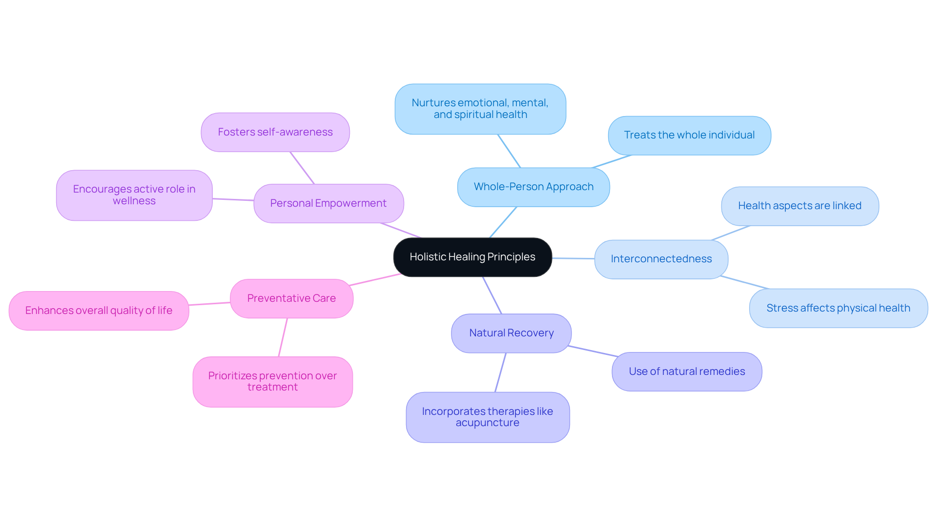 The central node represents holistic healing, while each branch shows a key principle. The sub-branches provide additional details or examples, helping you understand how each principle contributes to overall wellness.