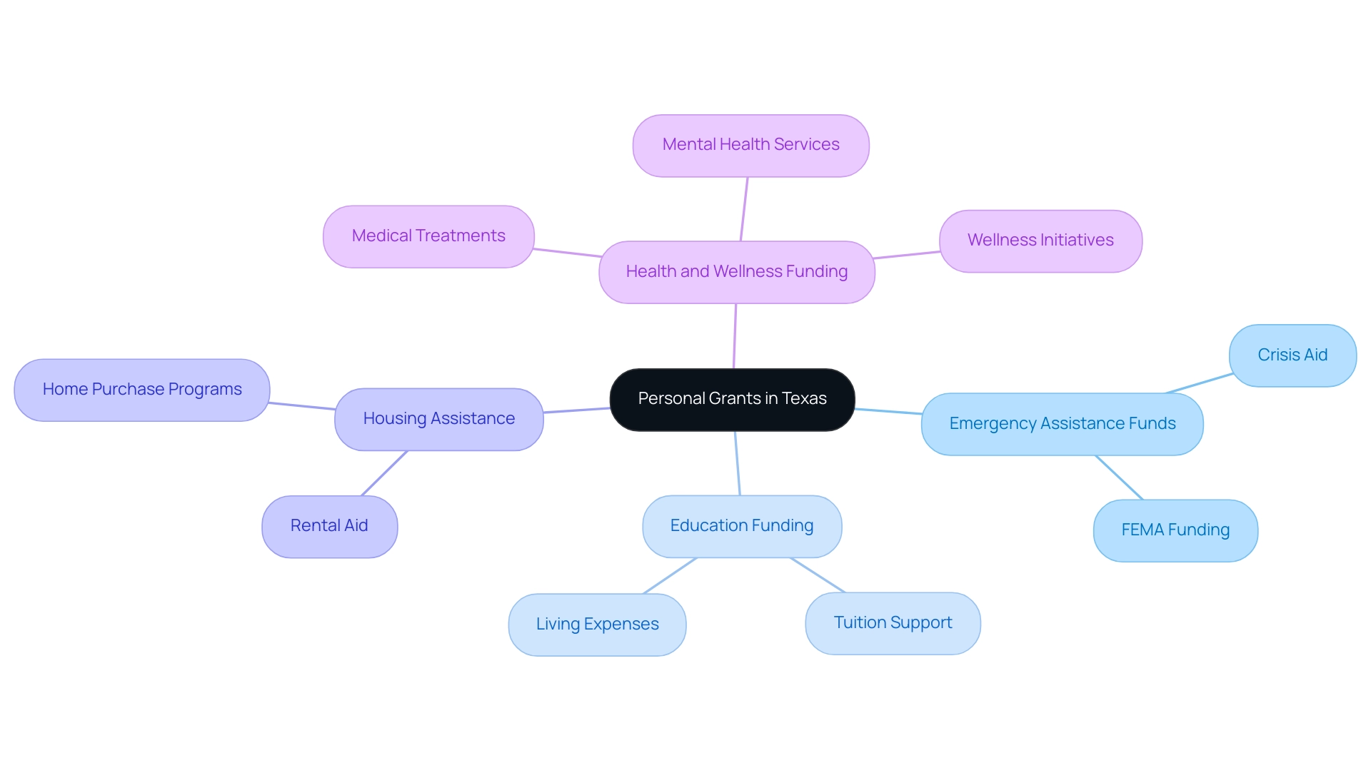 The central node represents personal grants in Texas, with branches indicating specific types of grants and their respective funding purposes. The central node represents personal grants in Texas, with branches indicating specific types of grants and their respective funding purposes.