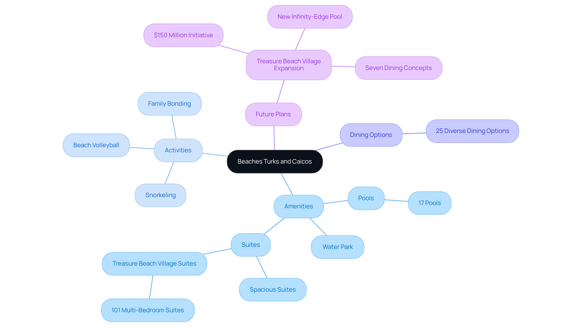 The center represents the resort, and the branches show different features and activities available for families. Each color-coded branch helps you quickly identify categories, making it easy to see what the resort offers for a luxurious family getaway.