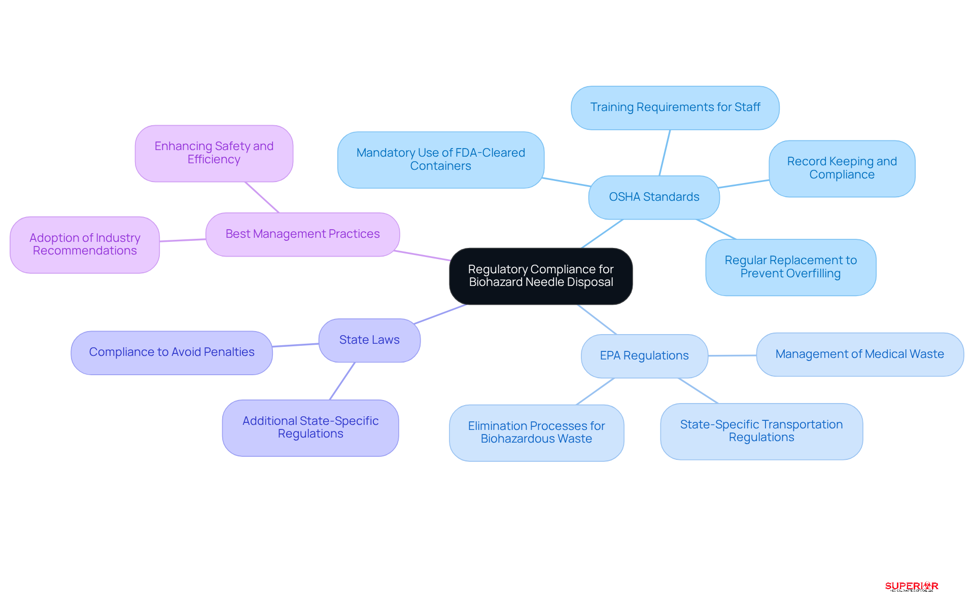The center represents the main topic of regulatory compliance, while the branches show different standards and practices that healthcare facilities must follow. Each color-coded branch helps you quickly identify the area of focus.