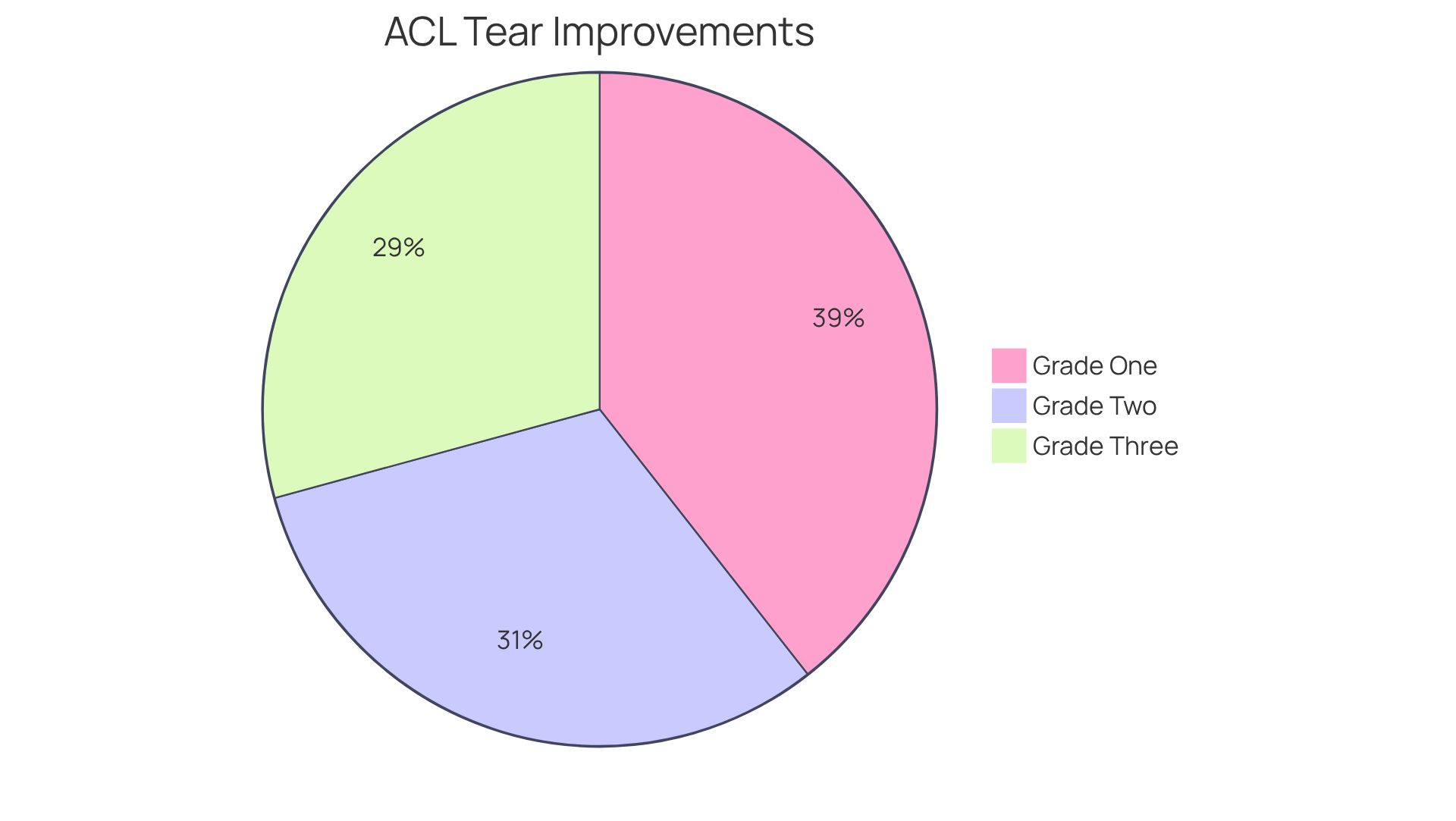 Each slice of the pie chart represents the percentage of improvement reported by patients for different grades of ACL tears. The larger the slice, the more significant the improvement for that grade. This helps you see how effective the treatments are for various levels of injury.