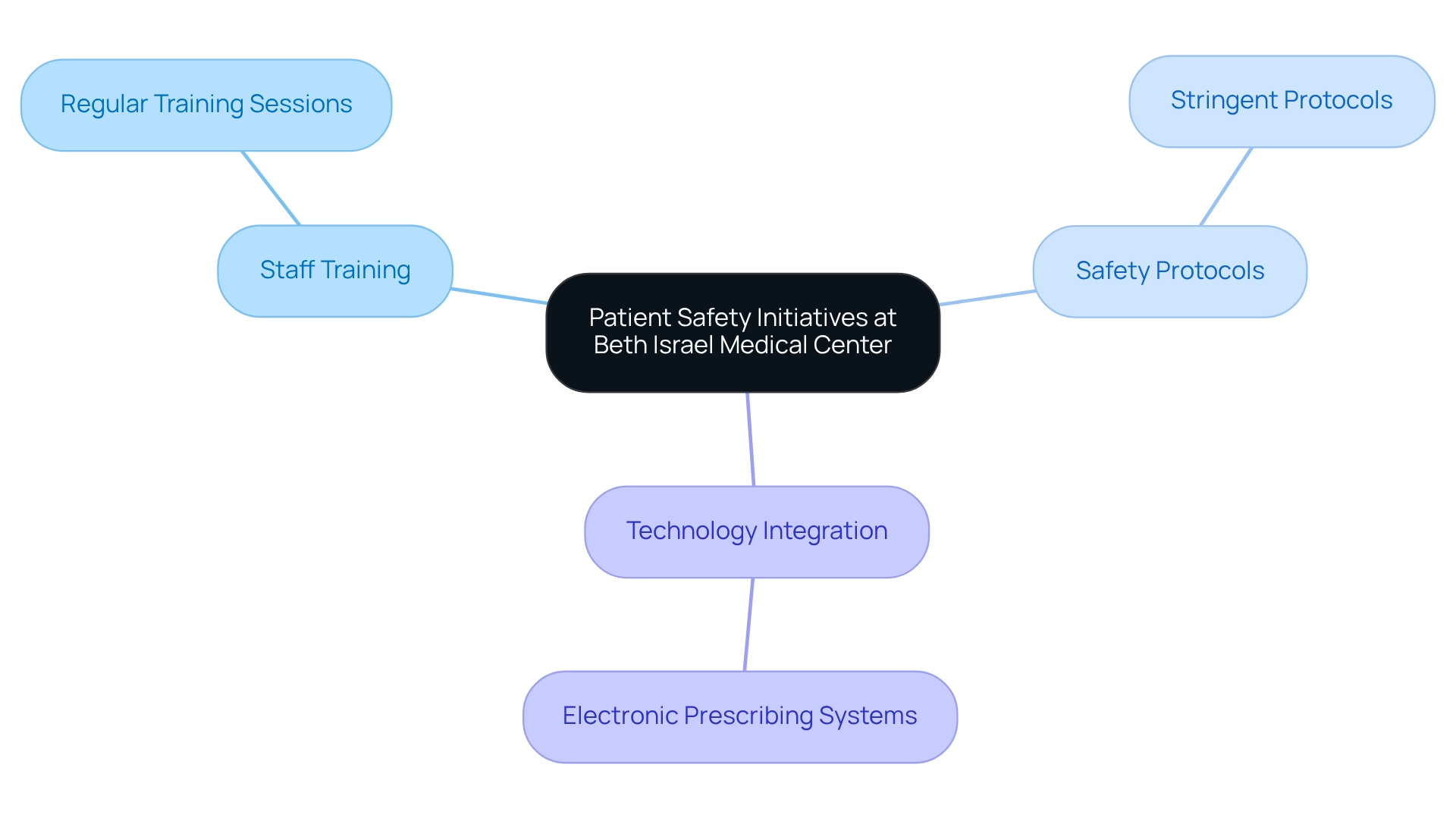 The center node represents the overarching goal of improving patient safety. Each branch shows key initiatives that contribute to this goal, with sub-branches providing details on specific actions taken.