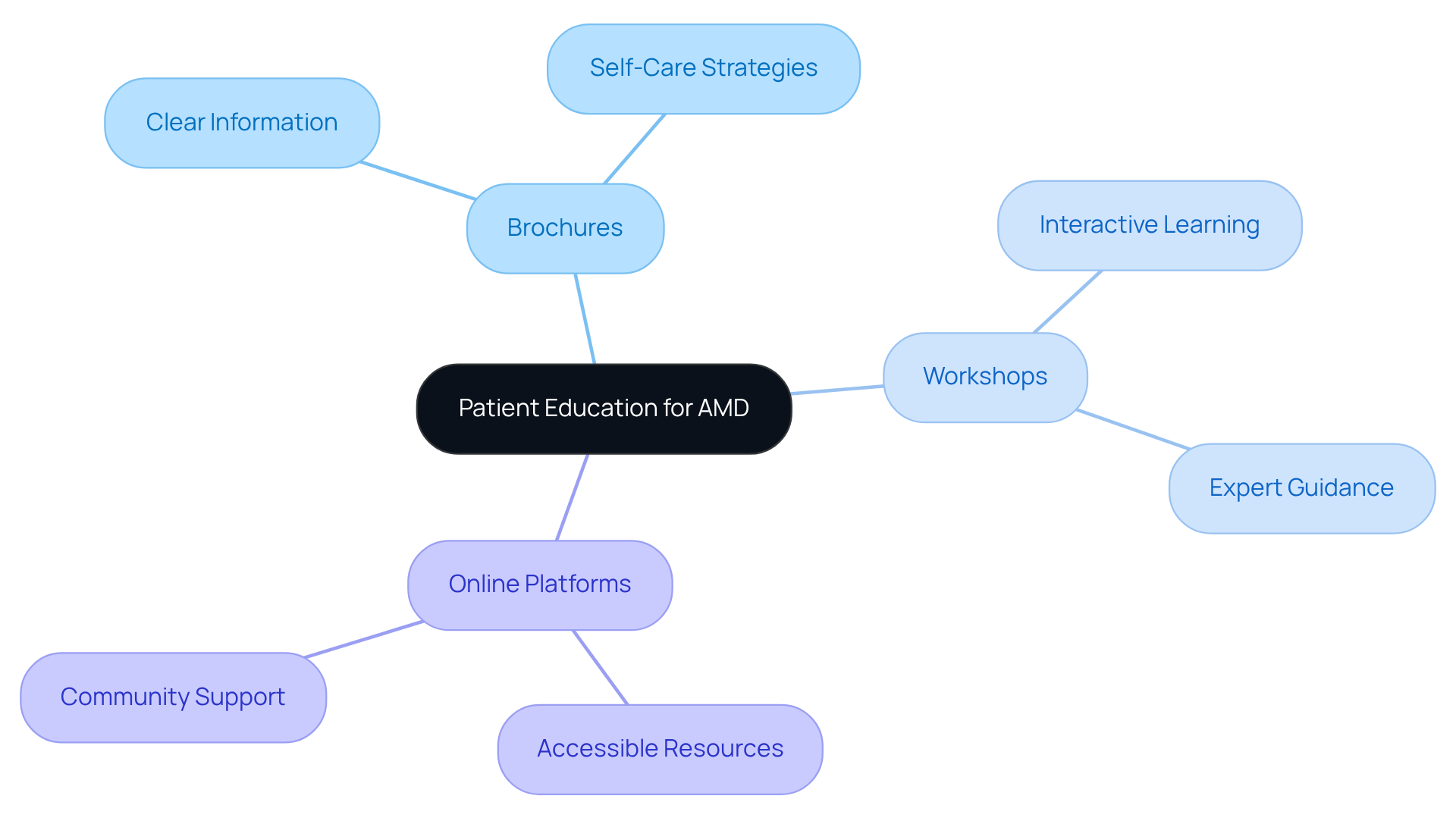 The central node represents the main theme of patient education, while the branches show different resources available to support AMD patients. Each resource is designed to help patients feel more informed and in control of their recovery.