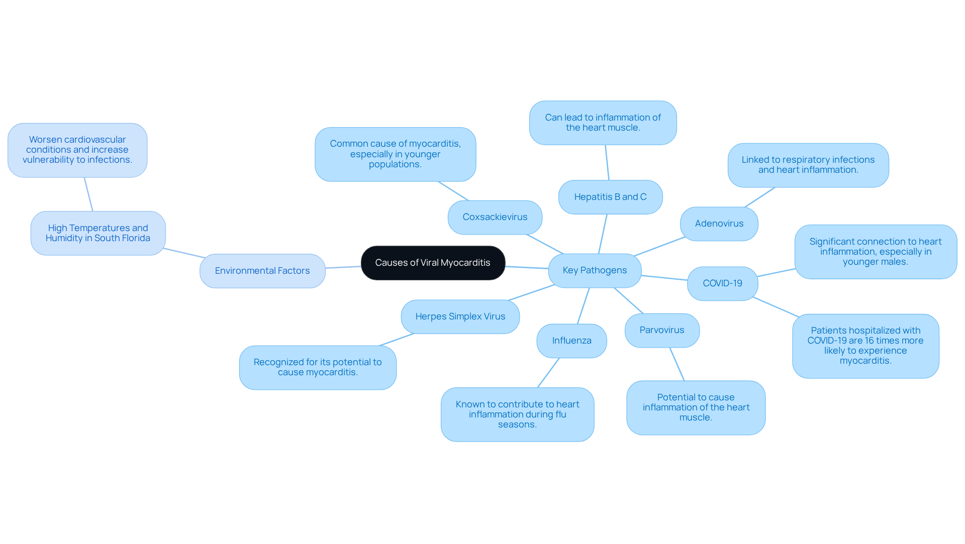 This mindmap starts with the main topic in the center and branches out to show different causes of viral myocarditis. Each branch represents a category of triggers, making it easy to see how various pathogens and environmental factors contribute to heart health risks. This mindmap starts with the main topic in the center and branches out to show different causes of viral myocarditis. Each branch represents a category of triggers, making it easy to see how various pathogens and environmental factors contribute to heart health risks.