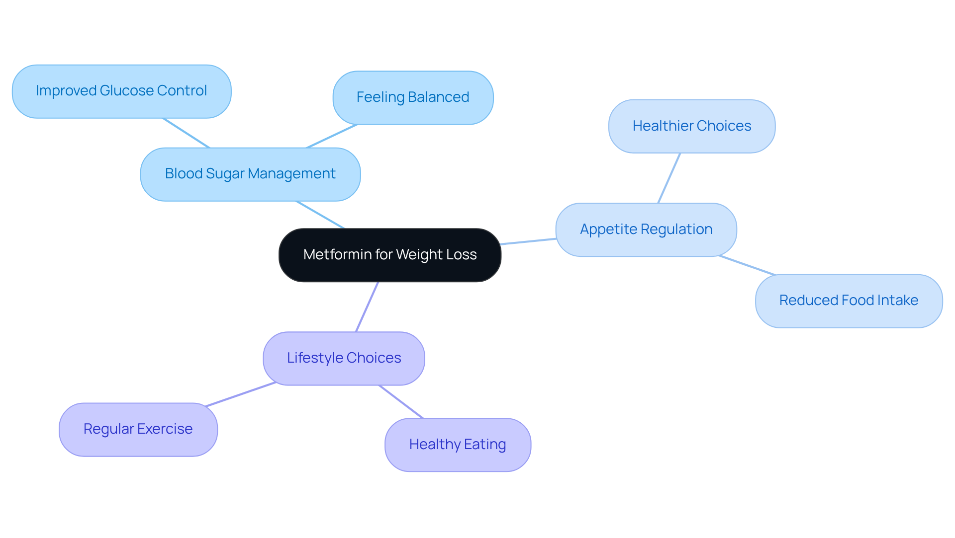 The central idea is Metformin's impact on weight loss. Each branch represents a key aspect of how it works, showing how they all connect to help you manage your health better.