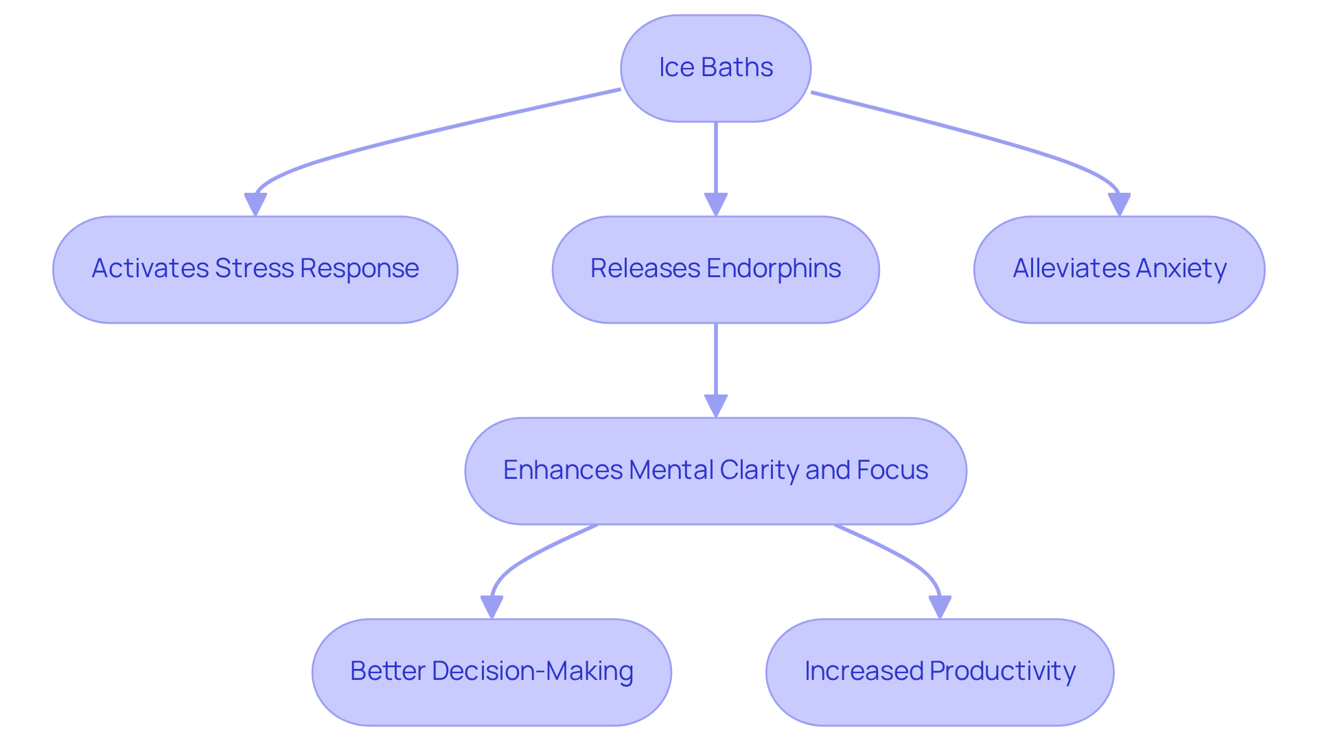 This flowchart shows how ice baths lead to various benefits. Starting from ice baths, follow the arrows to see how each step connects and contributes to stress relief and improved cognition. This flowchart shows how ice baths lead to various benefits. Starting from ice baths, follow the arrows to see how each step connects and contributes to stress relief and improved cognition.