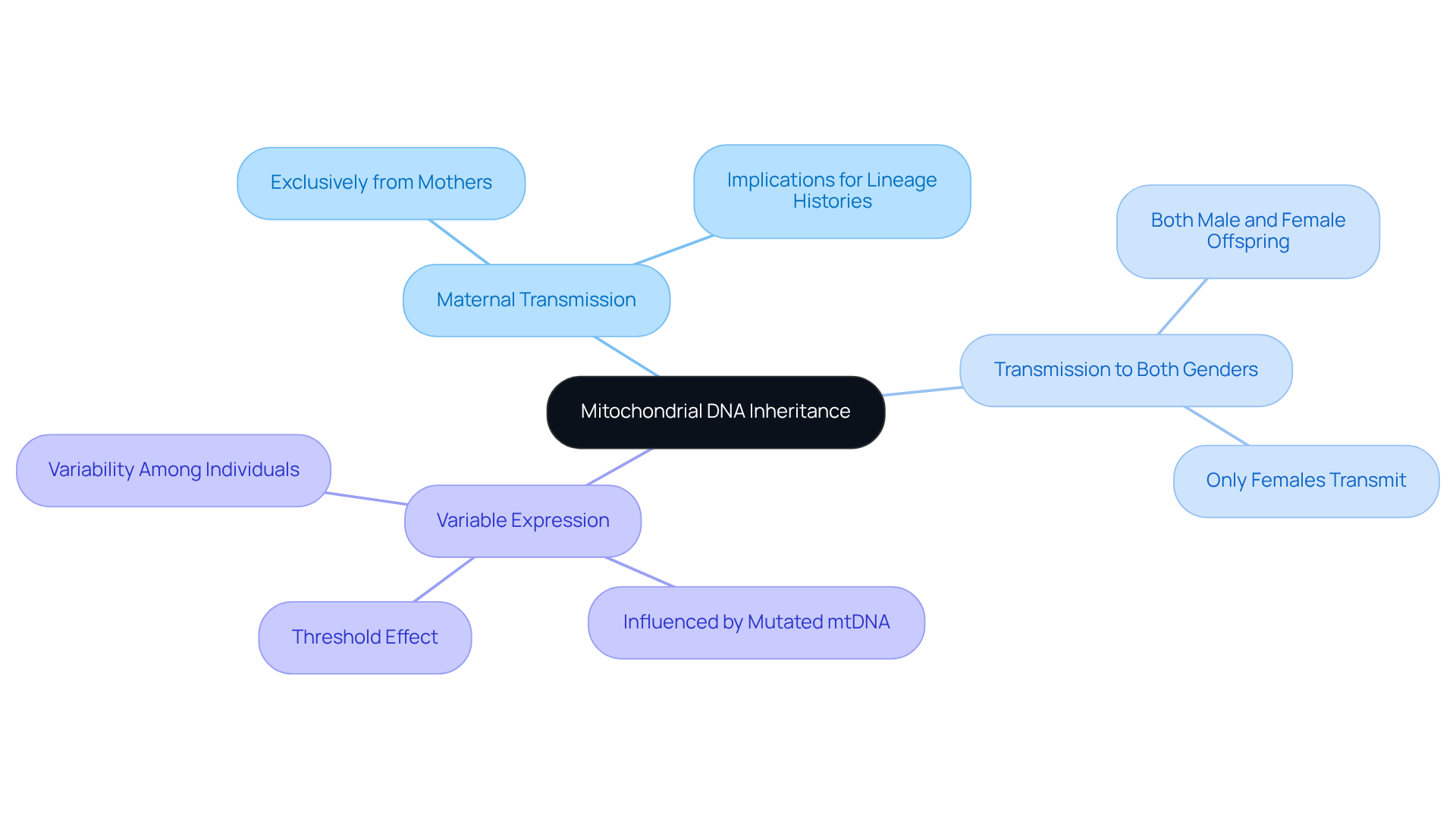 Start at the center with the main topic of mitochondrial DNA inheritance, then follow the branches to explore how it is passed down, who can transmit it, and the variability in expression among individuals.