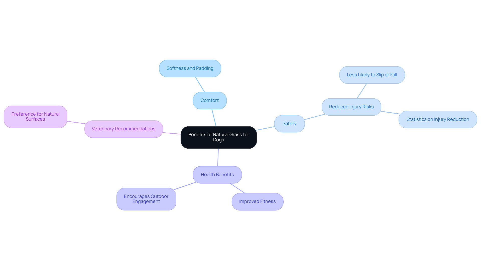 This mindmap shows how natural grass surfaces provide comfort and safety for dogs. Each branch highlights a different benefit, making it easy to see why many pet owners and veterinarians prefer live grass over artificial options.