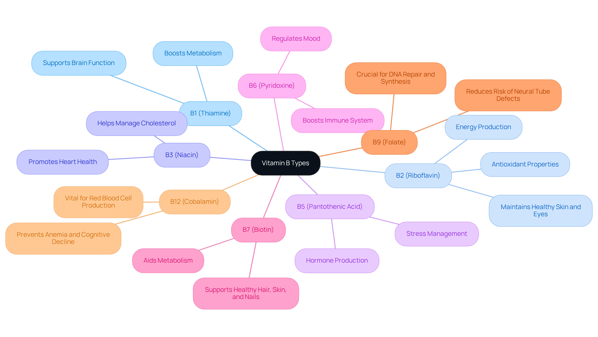 The center represents all B vitamins, and each branch shows a specific vitamin with its unique health benefits. Follow the branches to learn how each vitamin can support your health! The center represents all B vitamins, and each branch shows a specific vitamin with its unique health benefits. Follow the branches to learn how each vitamin can support your health!