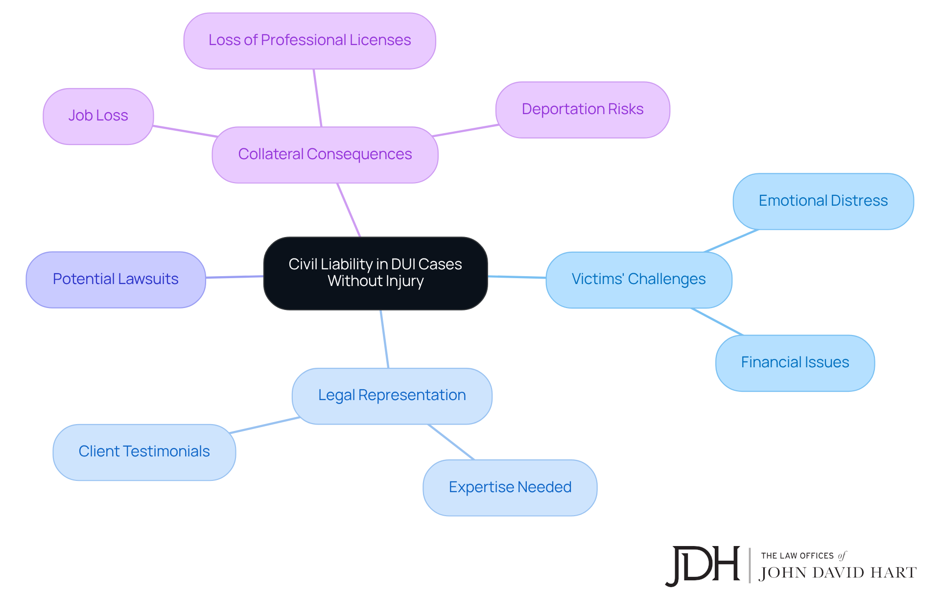 The central node represents the main topic, while the branches show related themes and issues. Each color-coded branch helps you see how different aspects of civil liability connect to the overall situation.