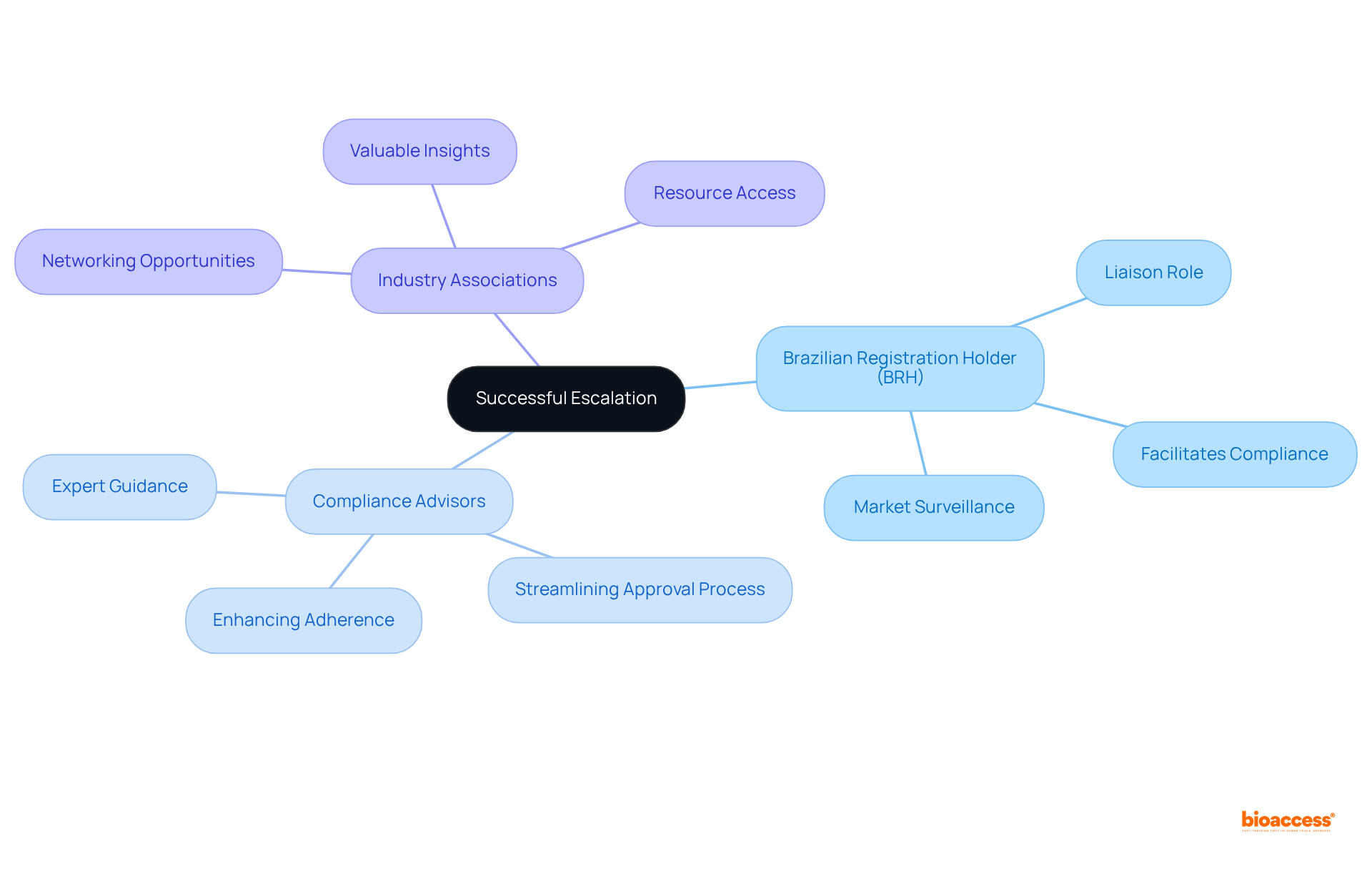 The central node represents the main goal, while each branch shows specific resources that aid in the process. The sub-branches detail how these resources help, making it clear who to engage with for effective compliance and escalation.