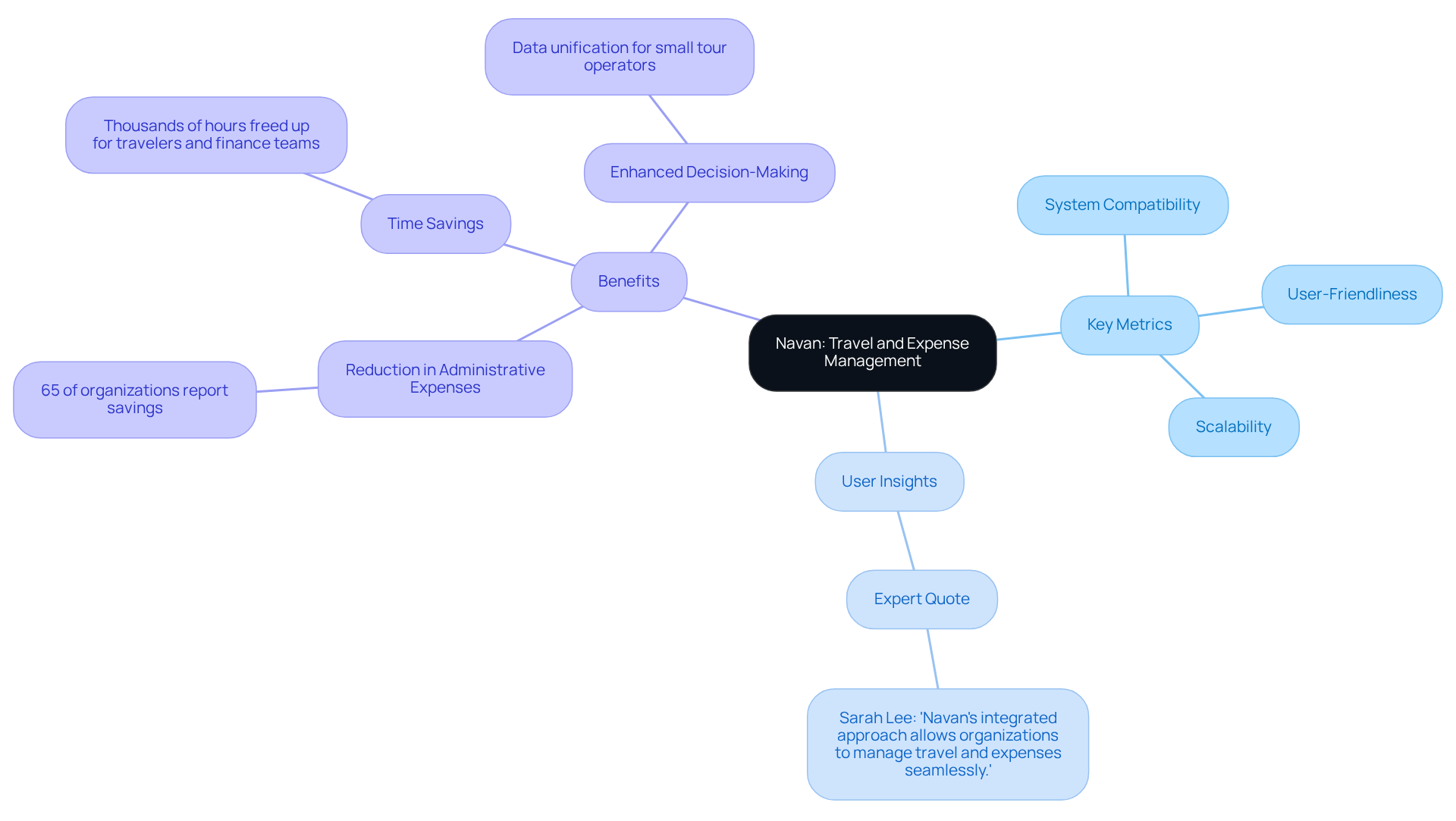 The center shows Navan's main focus, and the branches illustrate key metrics, expert insights, and the benefits of using the platform. Each branch helps you understand different aspects of how Navan supports agencies.