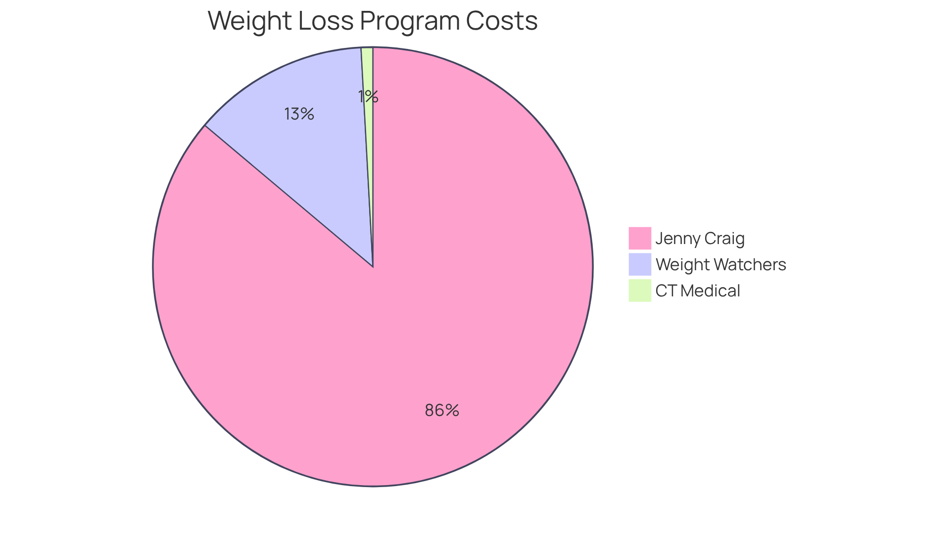 This pie chart shows the costs of different weight loss programs. The green slice represents our affordable option at $25, while the blue slice shows Weight Watchers at $377 a year, and the red slice indicates Jenny Craig, which can exceed $2,500. The smaller the slice, the more budget-friendly the option!