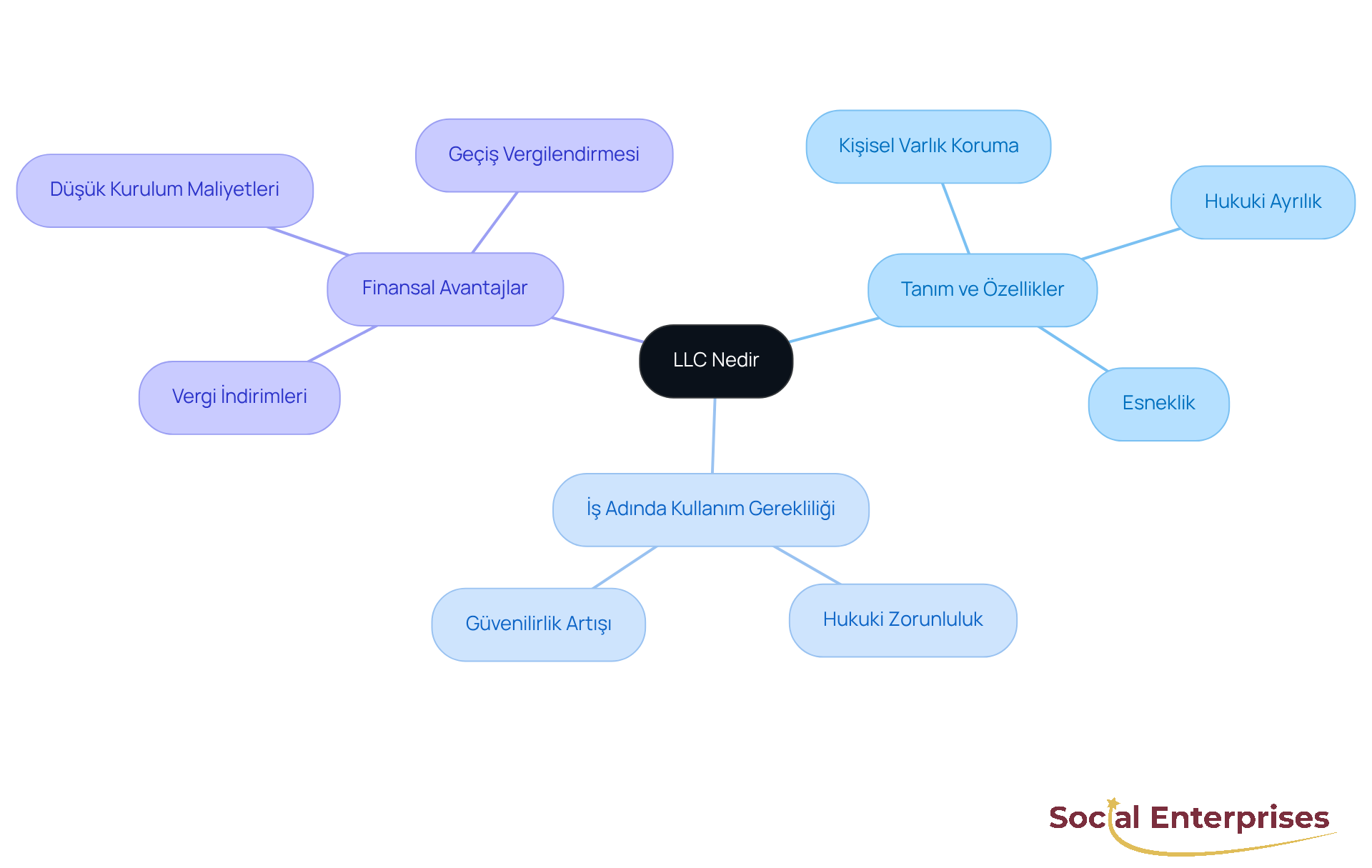 Orta noktada LLC'nin tanımını göreceksiniz, dallar ise bu yapının özelliklerini ve avantajlarını açıklayan alt başlıklarla devam ediyor. Her bir dal, LLC hakkında daha fazla bilgi edinmenizi sağlayacak. Orta noktada LLC'nin tanımını göreceksiniz, dallar ise bu yapının özelliklerini ve avantajlarını açıklayan alt başlıklarla devam ediyor. Her bir dal, LLC hakkında daha fazla bilgi edinmenizi sağlayacak.