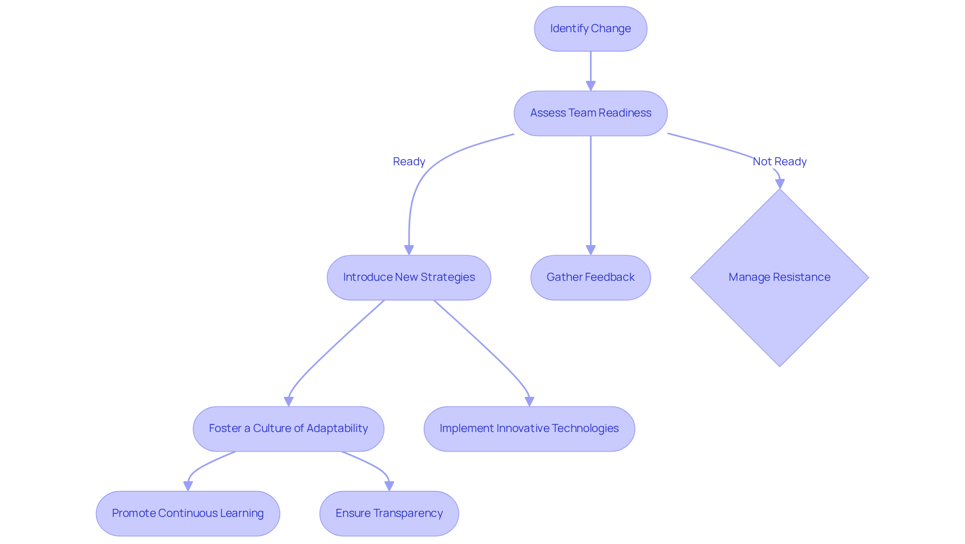 This flowchart illustrates the steps leaders can take to guide their teams through change. Each box represents a key action or decision, and the arrows show how these steps connect. Follow the flow to understand how to effectively lead teams in adapting to new circumstances.