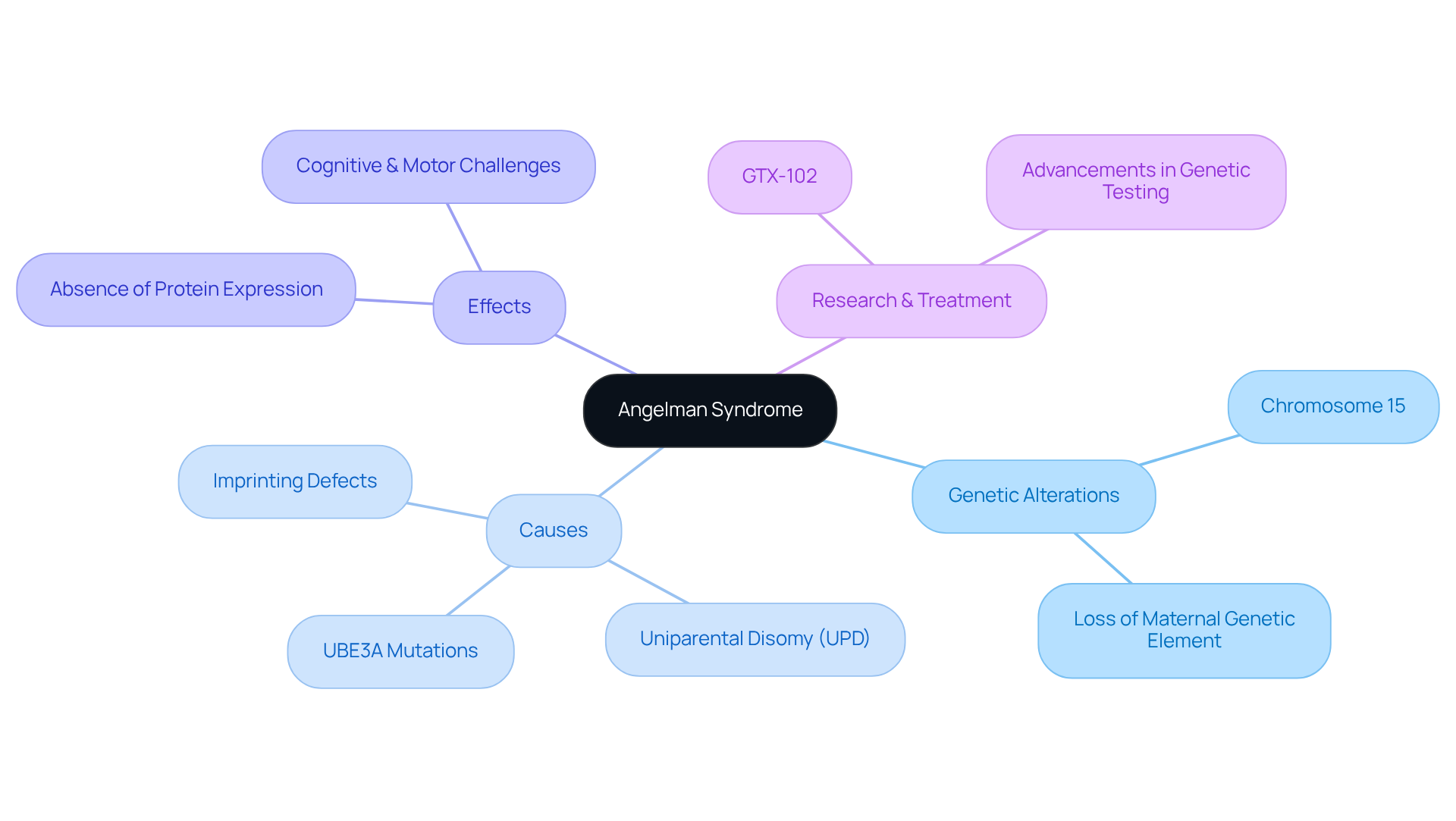 The central node represents Angelman Syndrome, with branches showing genetic causes and their effects. Each color-coded branch helps you see how different factors contribute to the syndrome and ongoing research efforts. The central node represents Angelman Syndrome, with branches showing genetic causes and their effects. Each color-coded branch helps you see how different factors contribute to the syndrome and ongoing research efforts.