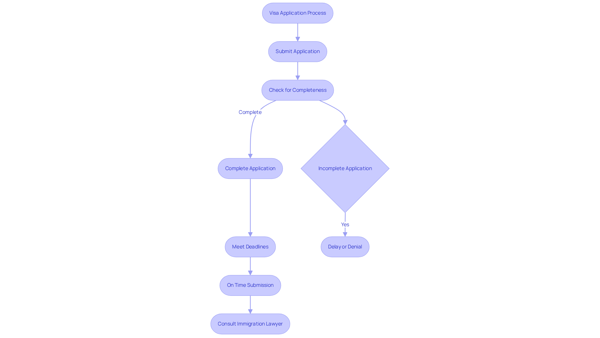 Follow the arrows to see each step in the visa application process. The blue boxes represent important actions, while the red boxes highlight potential pitfalls that could cause delays or denials.