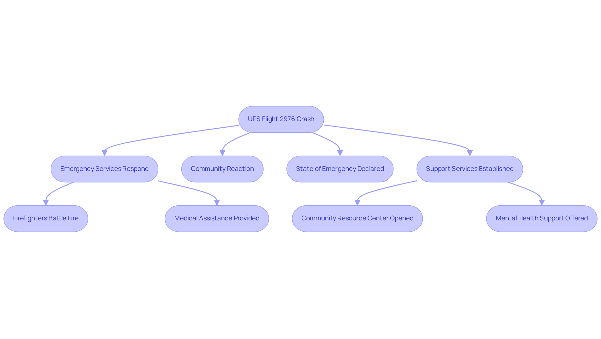 This flowchart shows the sequence of actions taken after the crash. Each step represents a response to the incident, from emergency services arriving at the scene to the establishment of community support services. Follow the arrows to see how each action connects to the next.