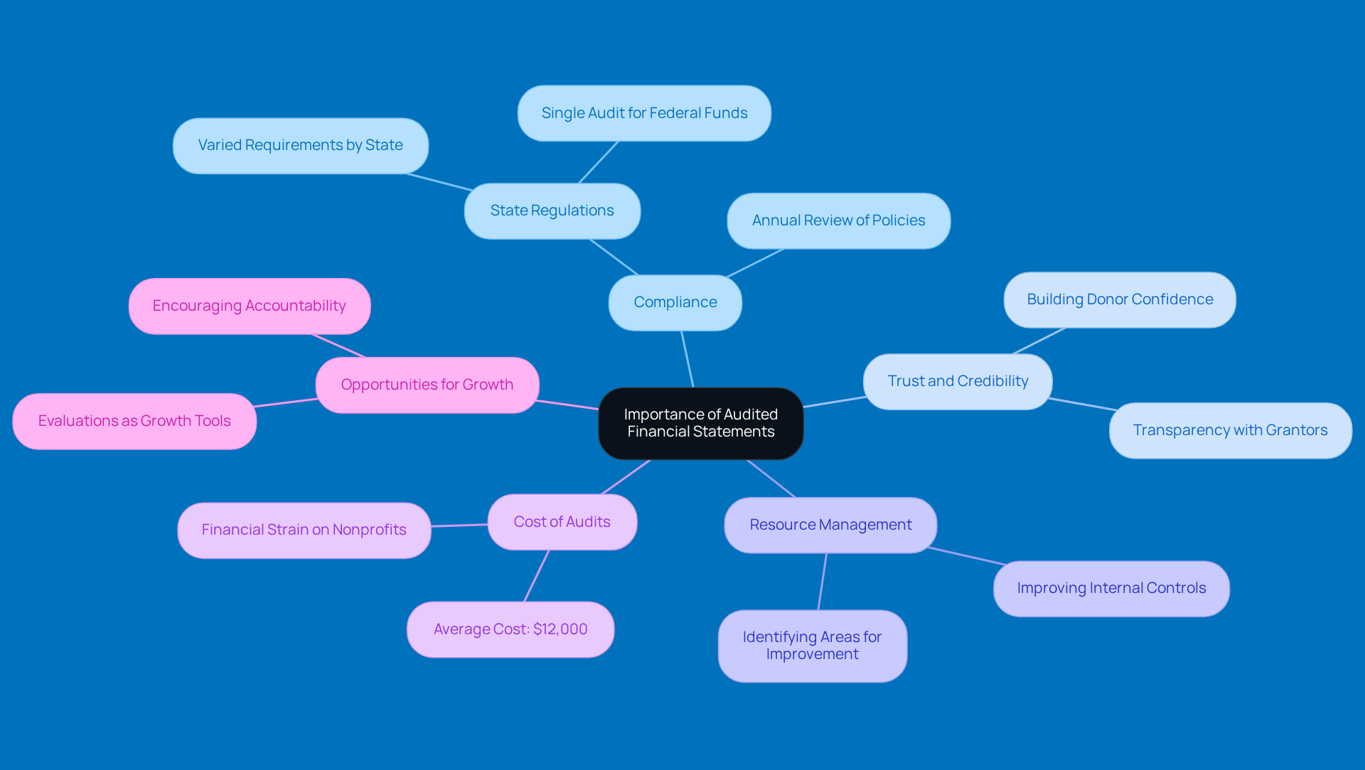 This mindmap starts with the central idea of audited financial statements and branches out into various important themes. Each branch represents a key aspect of why these reports matter, helping you see how they connect and contribute to the overall health of nonprofits.