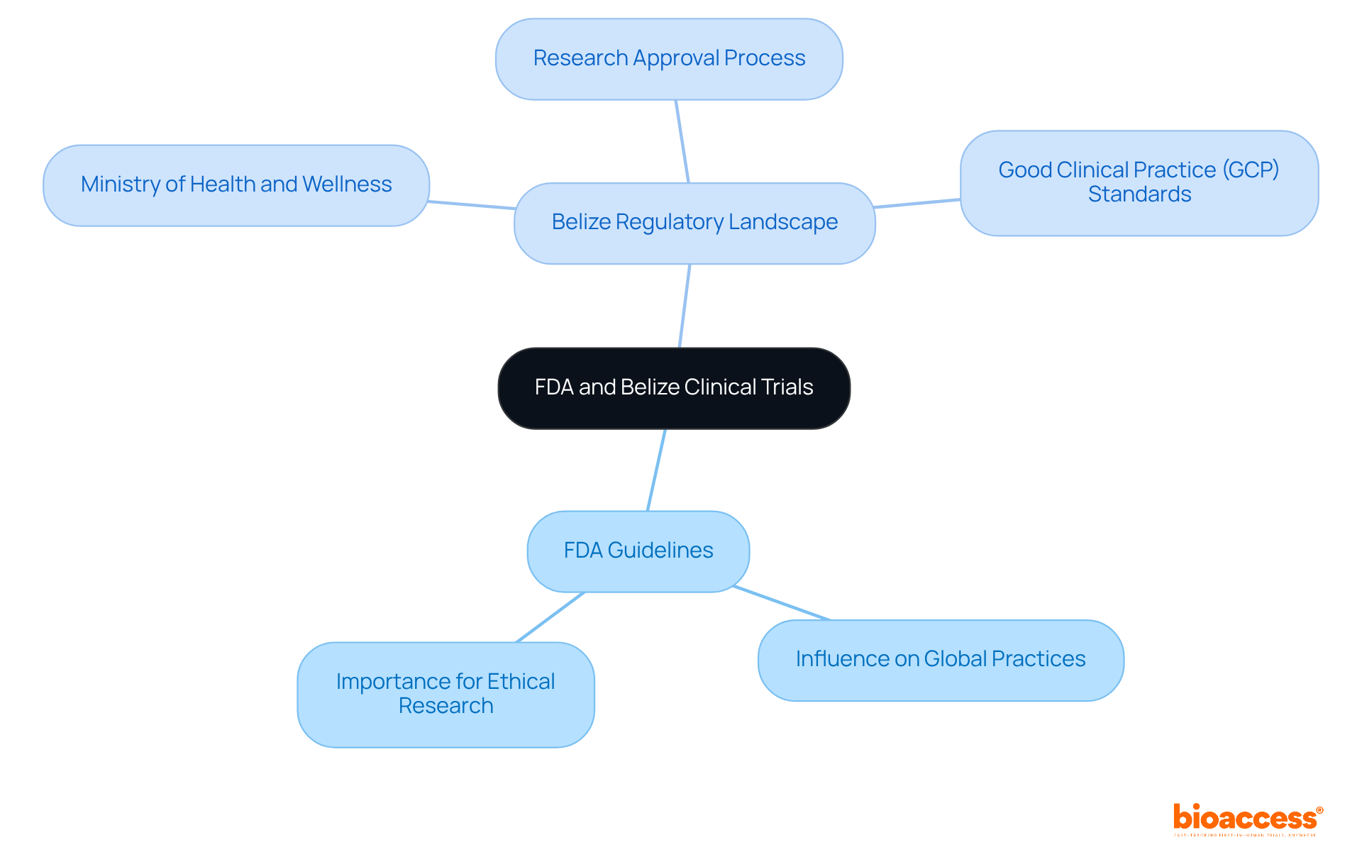 The center represents the overall topic, with branches showing the FDA's guidelines and Belize's regulations. Each sub-branch provides more detail on specific aspects, helping you understand how they all connect.