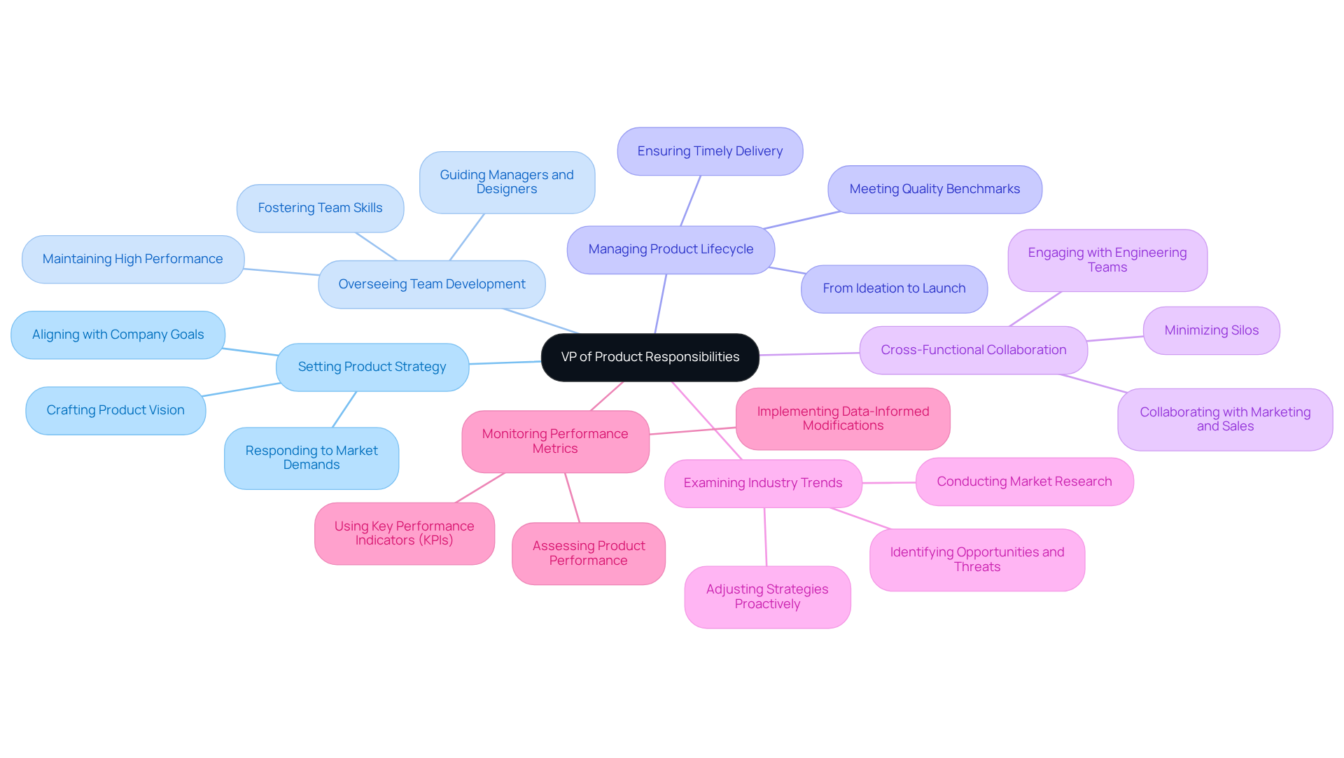 Start at the center with the main role, then explore each branch for the various key responsibilities. Each color-coded branch shows a different aspect of the VP's duties, helping to visualize how they all connect to the main role. Start at the center with the main role, then explore each branch for the various key responsibilities. Each color-coded branch shows a different aspect of the VP's duties, helping to visualize how they all connect to the main role.