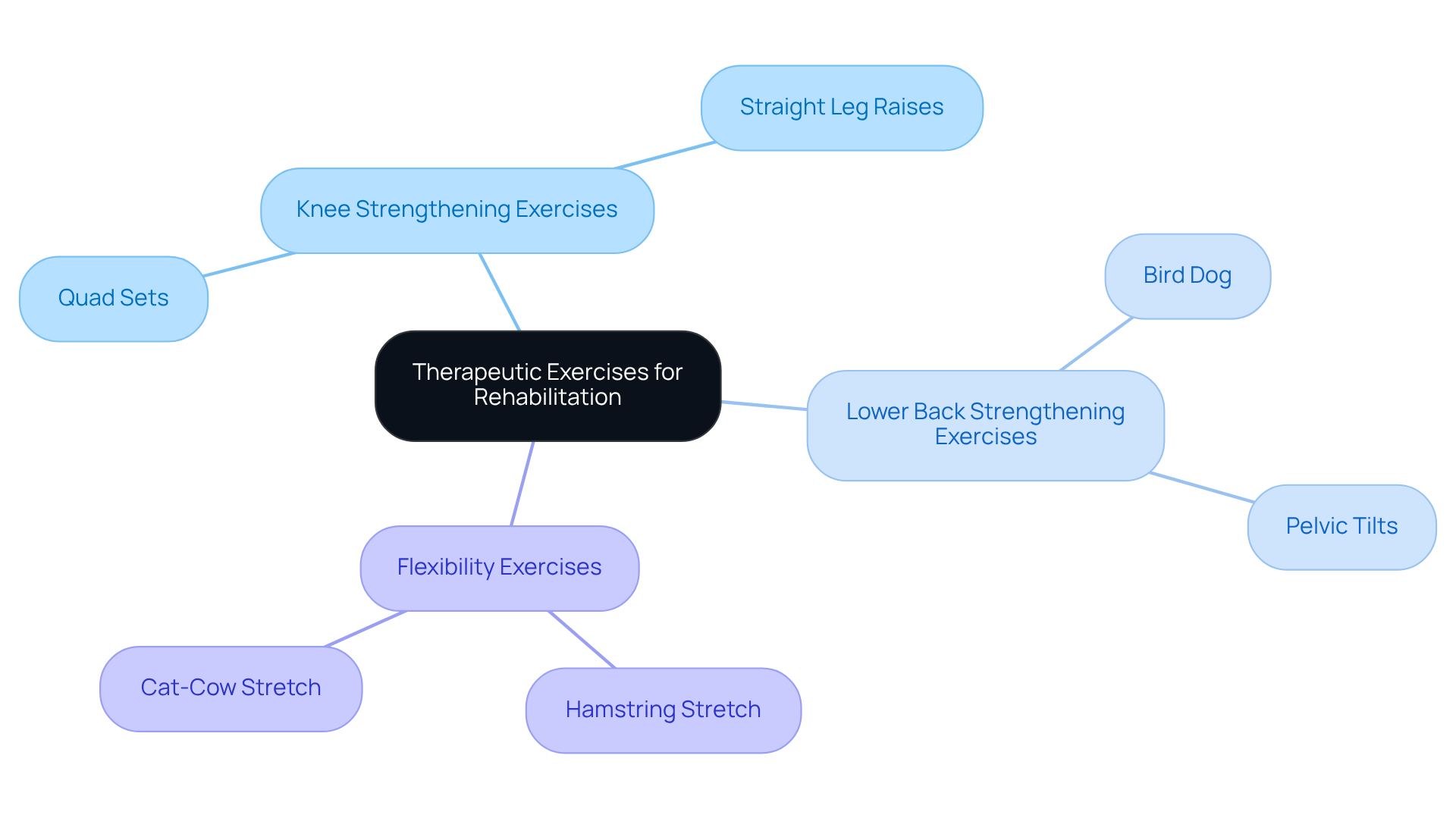 The center represents the overall theme of therapeutic exercises. Each branch shows a category of exercises, and the sub-branches detail specific exercises within those categories. This layout helps you quickly identify which exercises target knee or lower back pain and flexibility. The center represents the overall theme of therapeutic exercises. Each branch shows a category of exercises, and the sub-branches detail specific exercises within those categories. This layout helps you quickly identify which exercises target knee or lower back pain and flexibility.