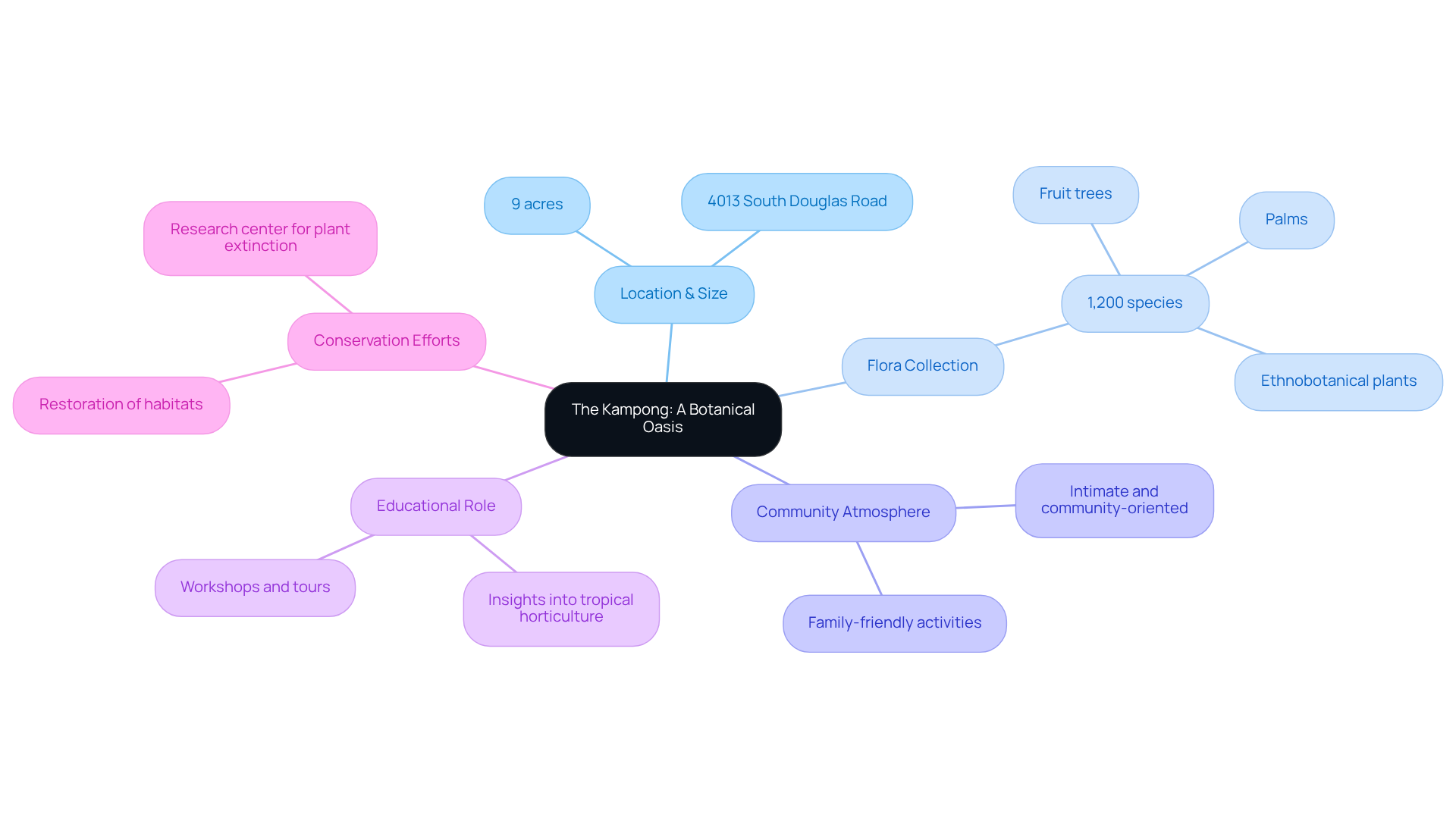 This mindmap starts with the Kampong at the center, branching out to show its various features and roles. Each branch represents a different aspect of the garden, helping you see how everything connects and contributes to its identity as a botanical oasis.