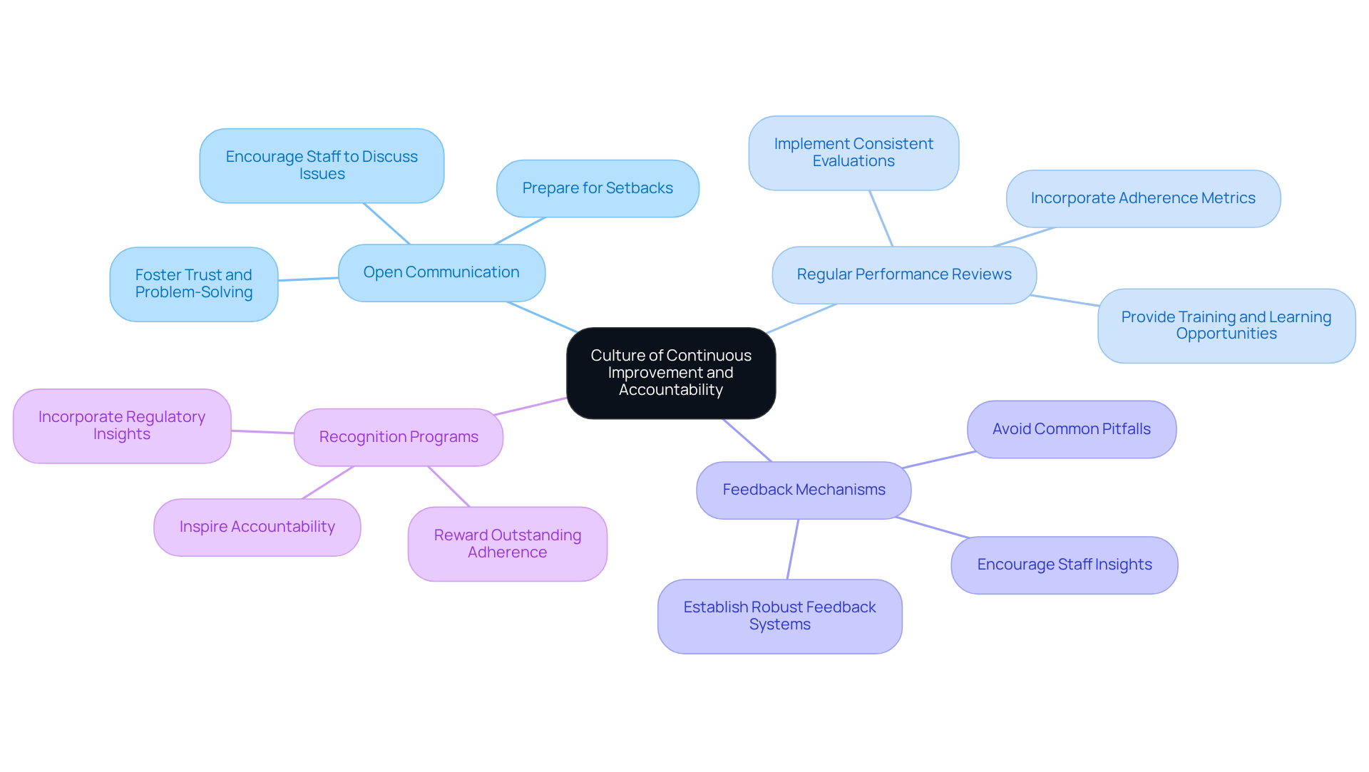 The central node represents the main goal of fostering a culture of improvement and accountability. Each branch shows a key strategy, and the sub-branches provide additional details or actions related to that strategy. This layout helps visualize how these strategies connect and contribute to the overall objective.