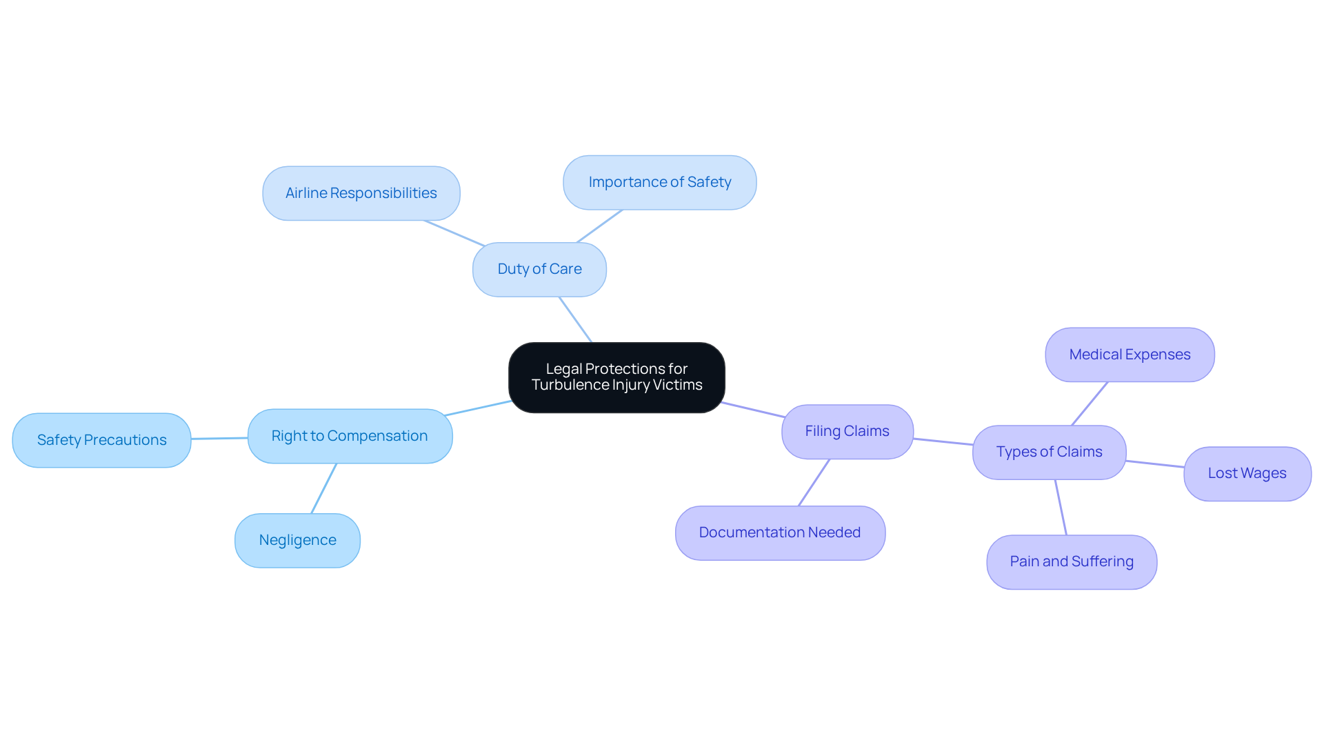This mindmap shows the rights and protections available to elderly passengers injured during turbulence. Start at the center with the main topic, then follow the branches to see the specific rights and responsibilities, along with the actions they can take to seek compensation.