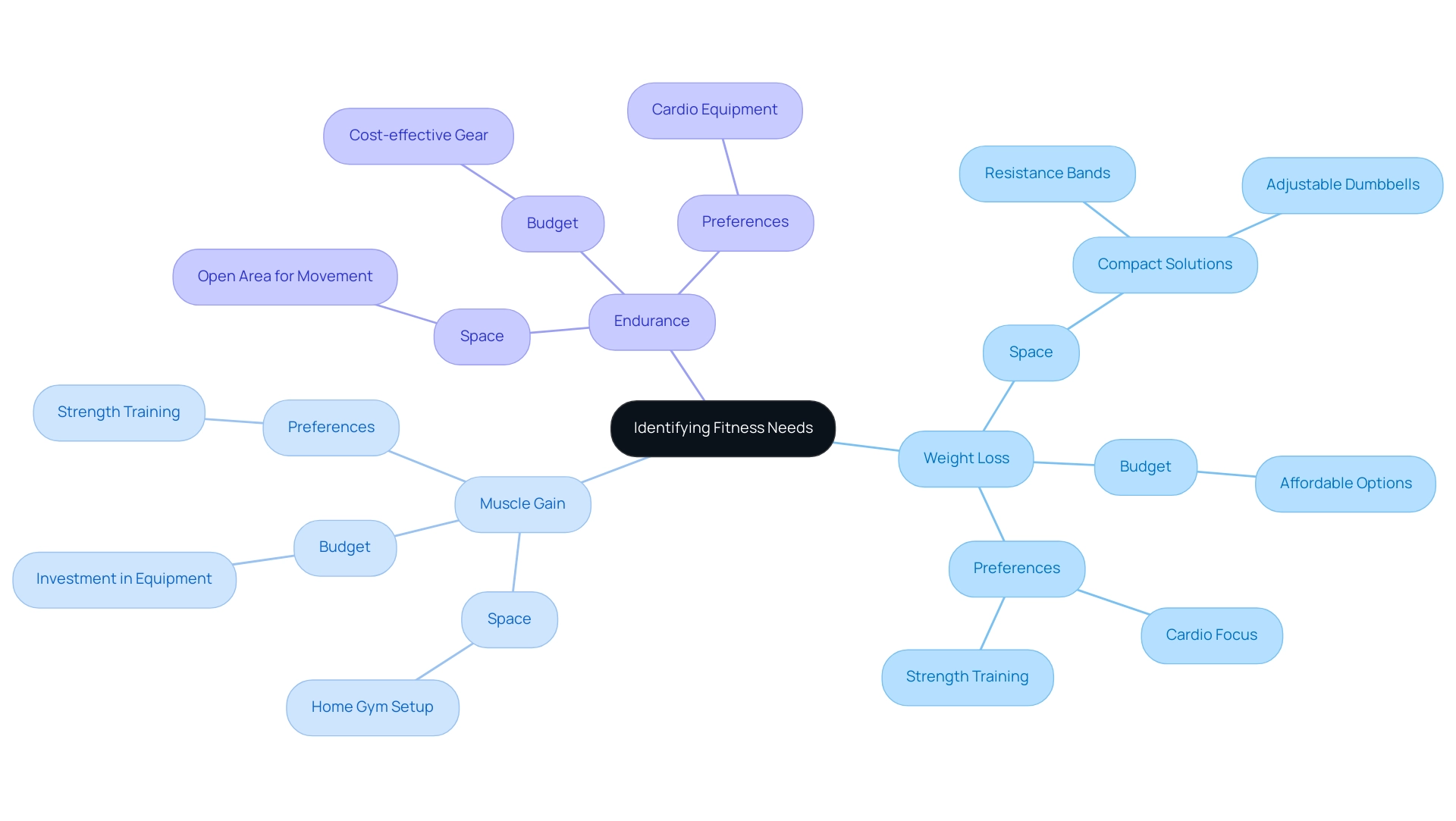 Color-coded branches represent different fitness objectives, with sub-branches detailing considerations for equipment choices.