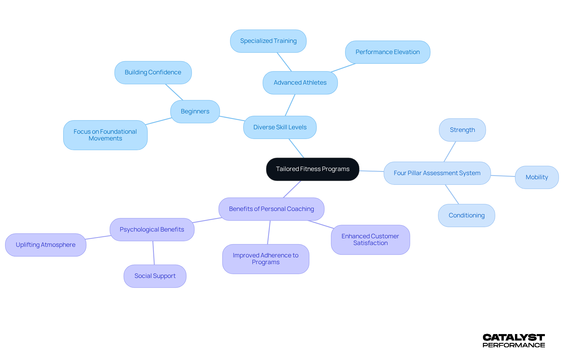Start at the center with the main idea of tailored programs, then explore the branches to see how they cater to different skill levels and the benefits they provide.
