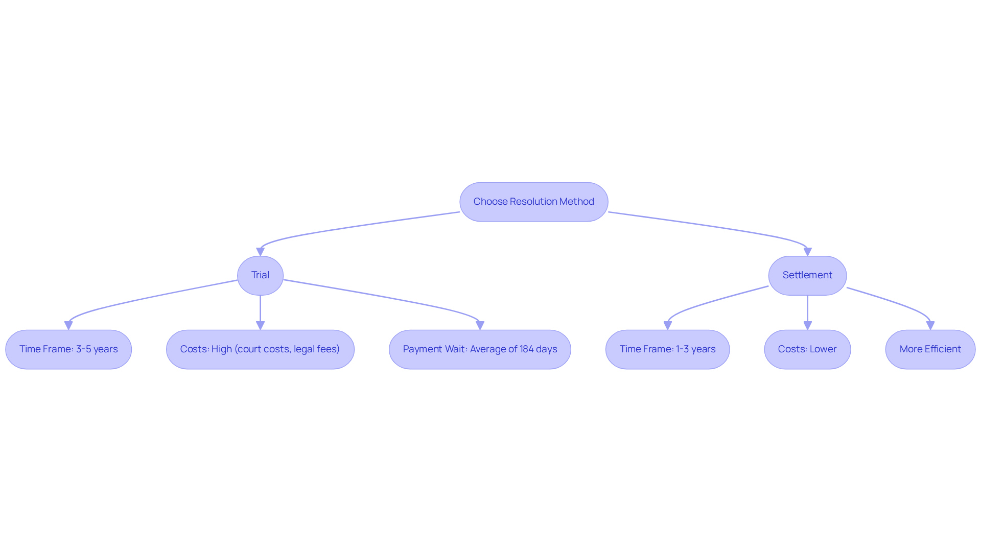 This flowchart helps you decide between a trial and a settlement for your case. Each path outlines the time and cost implications, helping you make an informed choice.