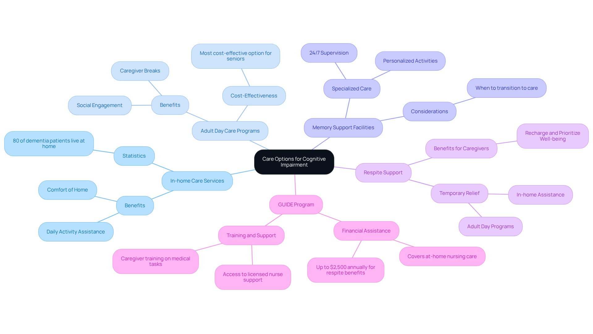 The central node represents the main theme of care options, while each branch highlights a specific type of care available. Sub-branches provide additional details, helping you understand the various resources and their benefits.