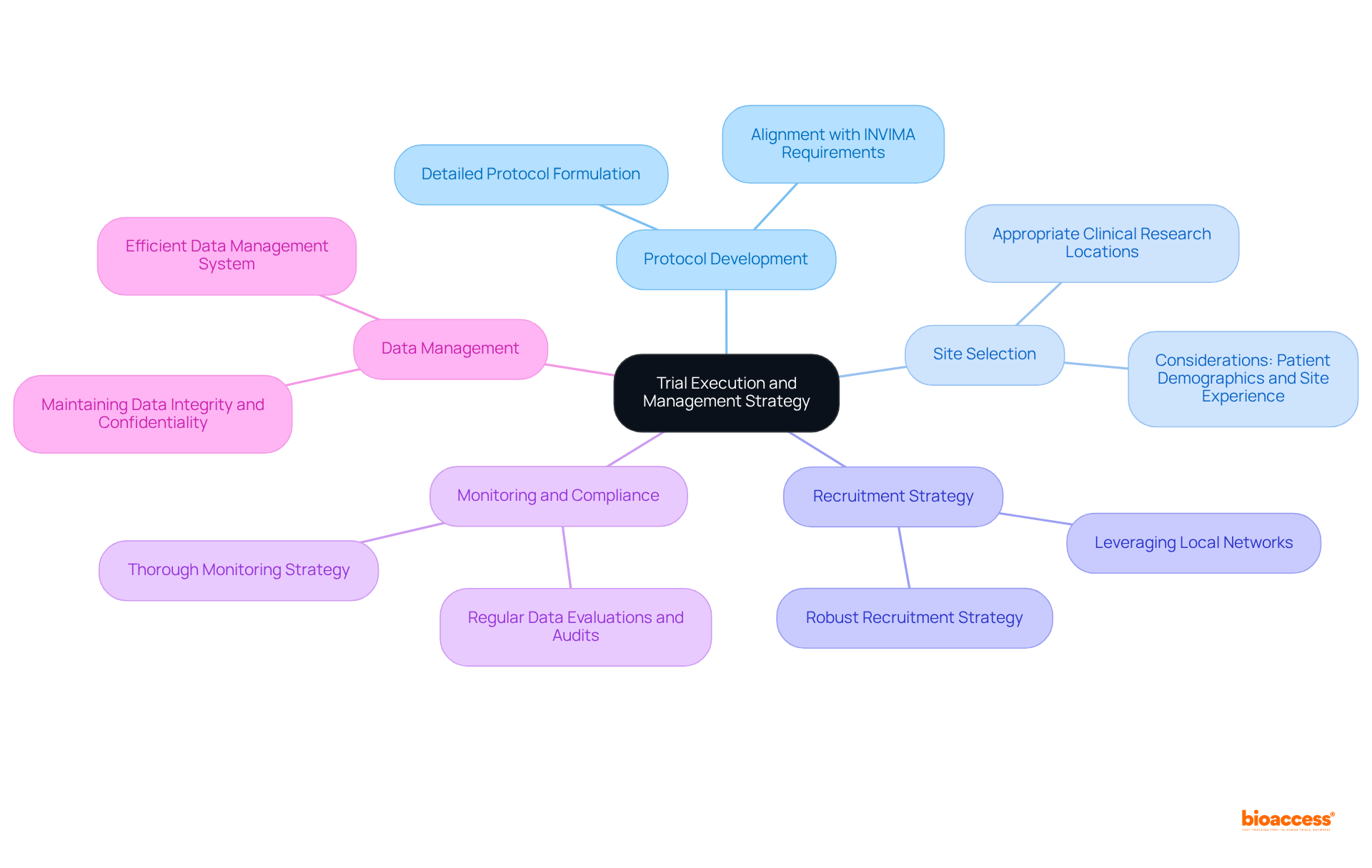 The center represents the overall strategy, while each branch shows a critical component. Follow the branches to understand how each part contributes to the strategy for successful trial management.
