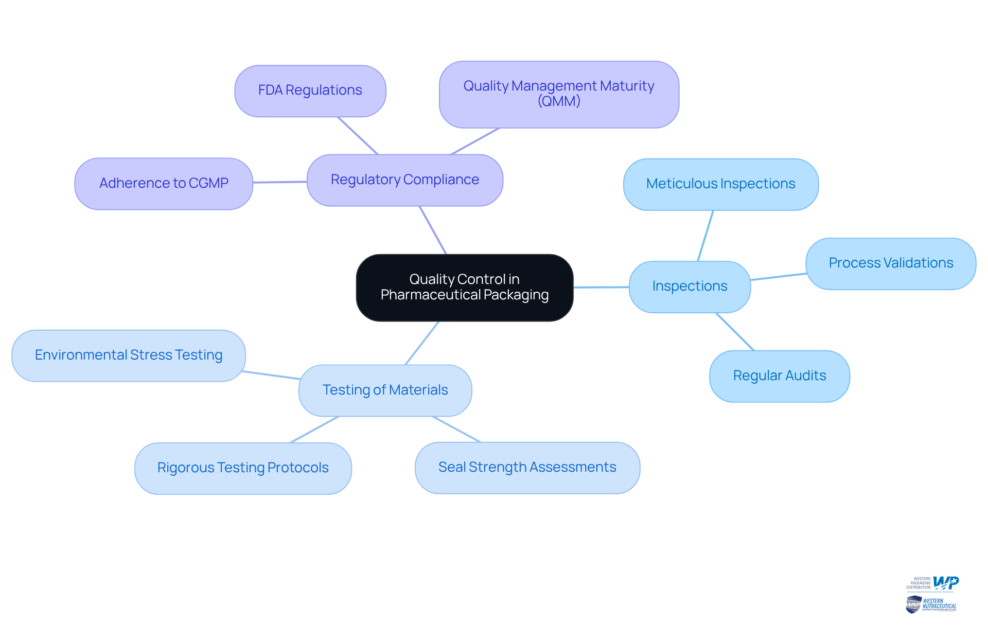 The center node represents the core idea of quality control, while the branches show specific actions taken to ensure product integrity. Each branch's color helps differentiate the various focus areas.