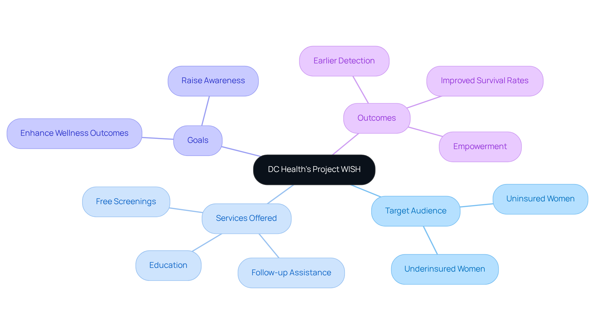 This mindmap illustrates the various components of Project WISH. Start at the center with the initiative's name, then explore how it supports women through targeted services and the positive outcomes it aims to achieve.