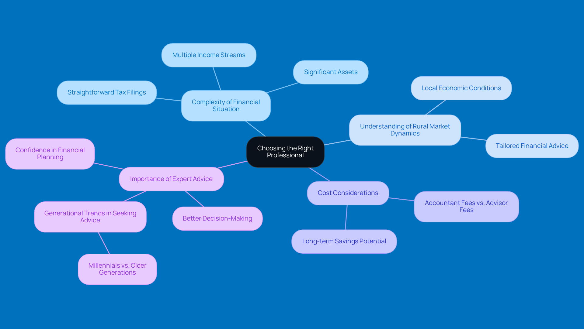 The central node represents the main decision, while the branches show the important factors to think about. Each sub-point under the branches provides additional insights or questions to help guide your choice. The central node represents the main decision, while the branches show the important factors to think about. Each sub-point under the branches provides additional insights or questions to help guide your choice.