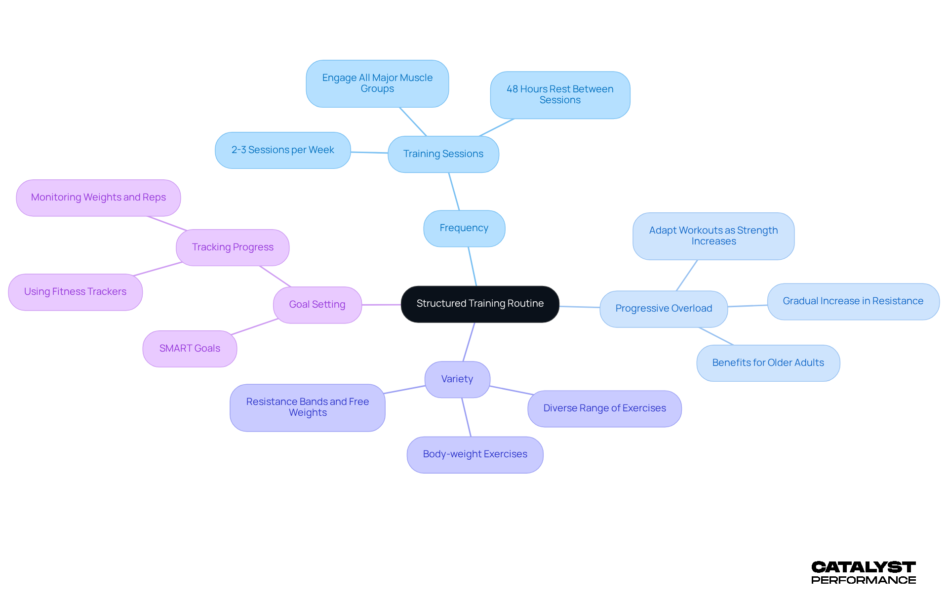 The central node represents the overall training routine, while each branch shows a key component. Follow the branches to see specific details and tips related to each aspect of strength training.