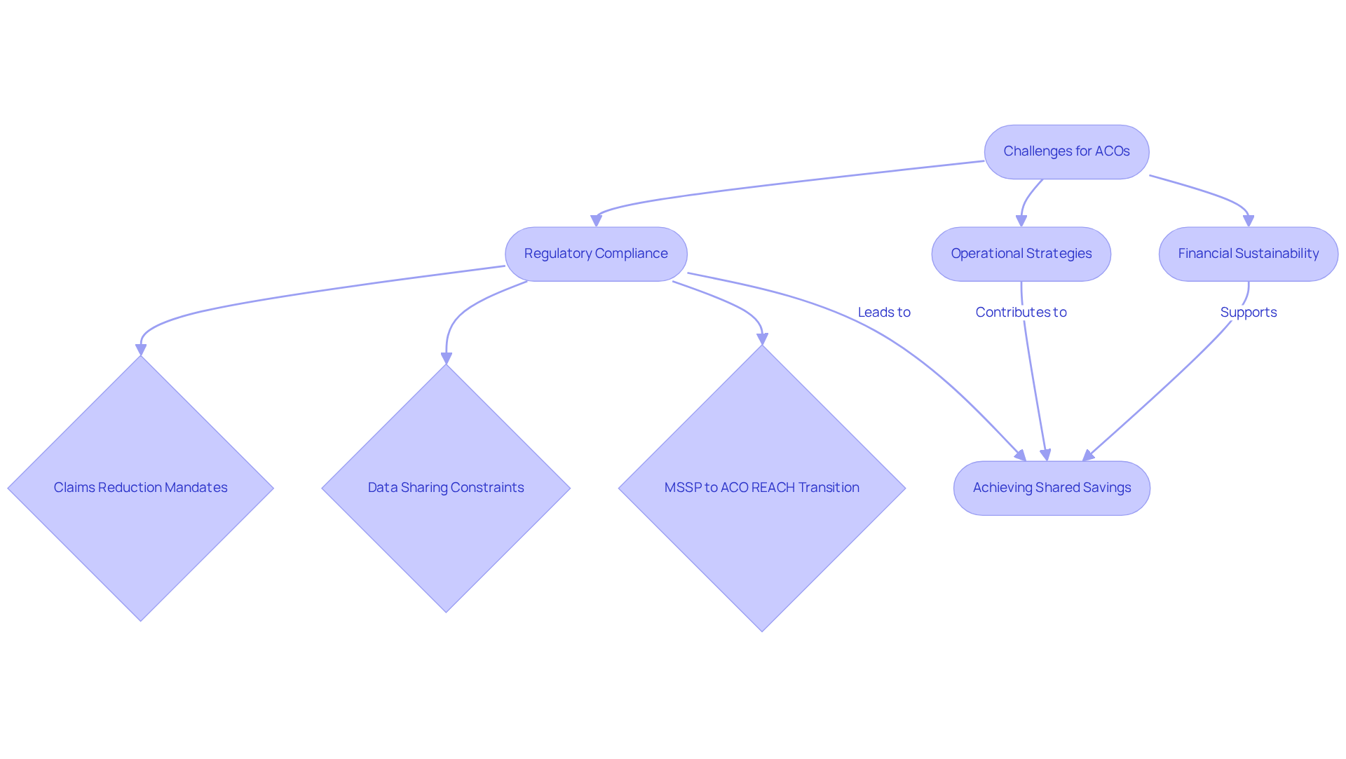 Each box represents a challenge or strategy for ACOs. Follow the arrows to understand how these challenges interlink and impact their ability to navigate the healthcare landscape.