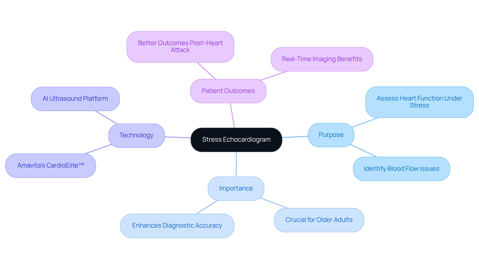 The central node represents the stress echocardiogram, with branches showing its purpose, importance, technological advancements, and how it impacts patient outcomes. Each branch highlights key points that contribute to understanding the overall significance of the test.