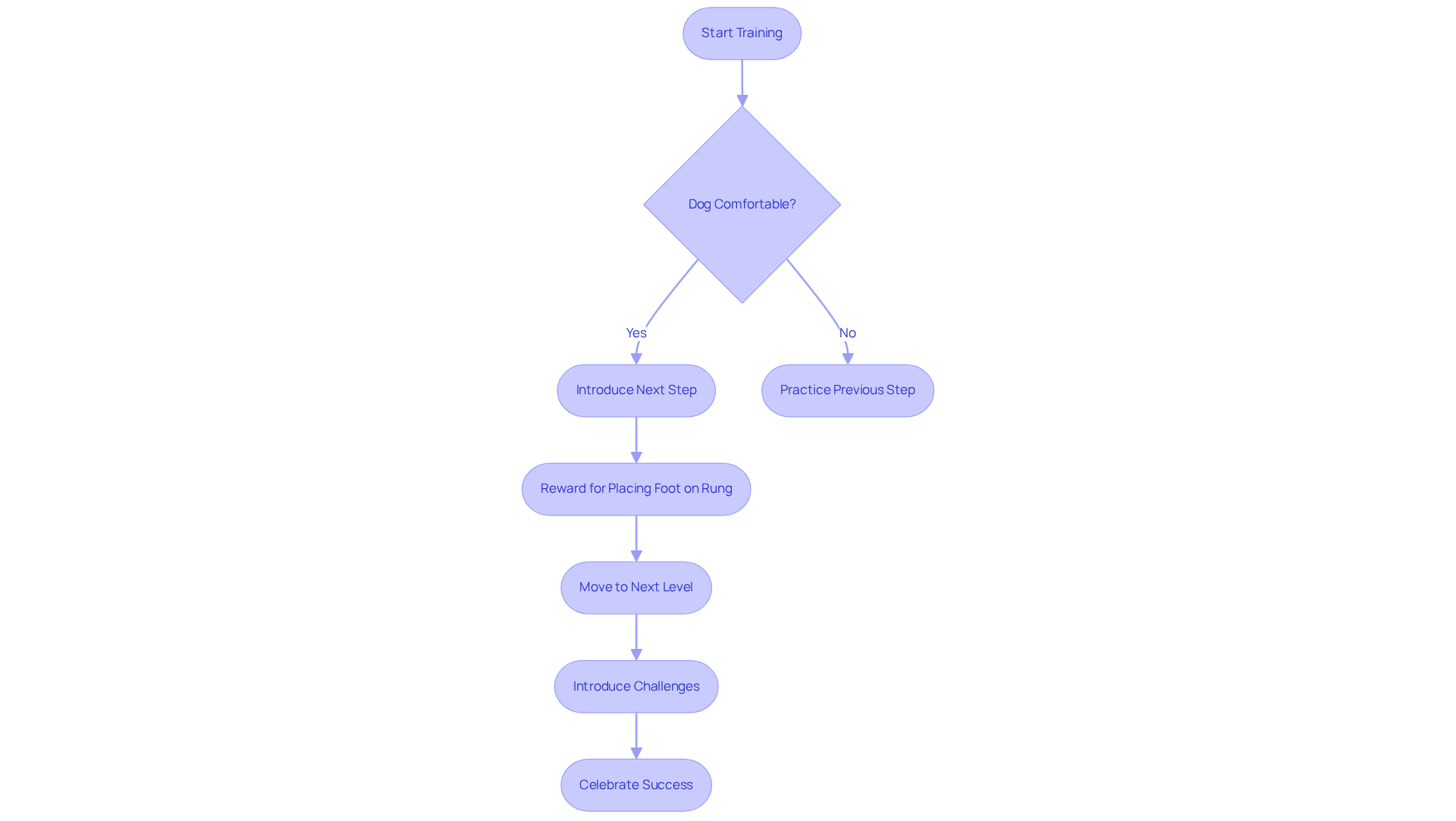 This flowchart guides you through the dog training process — start with assessing comfort, reward progress, and know when to pause for practice. Follow the arrows to see how to keep the training positive and encouraging.