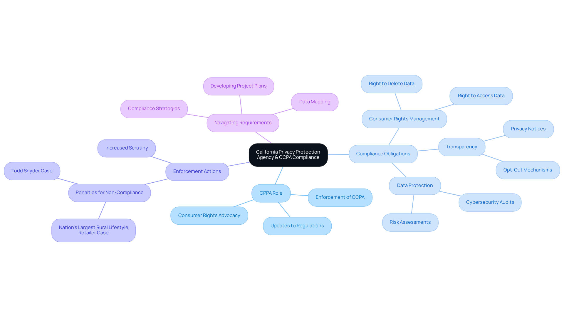 The central node represents the CPPA's role in CCPA compliance, with branches showing different aspects of compliance and actions businesses need to take. Follow the branches to understand how each area connects to the overall compliance strategy.