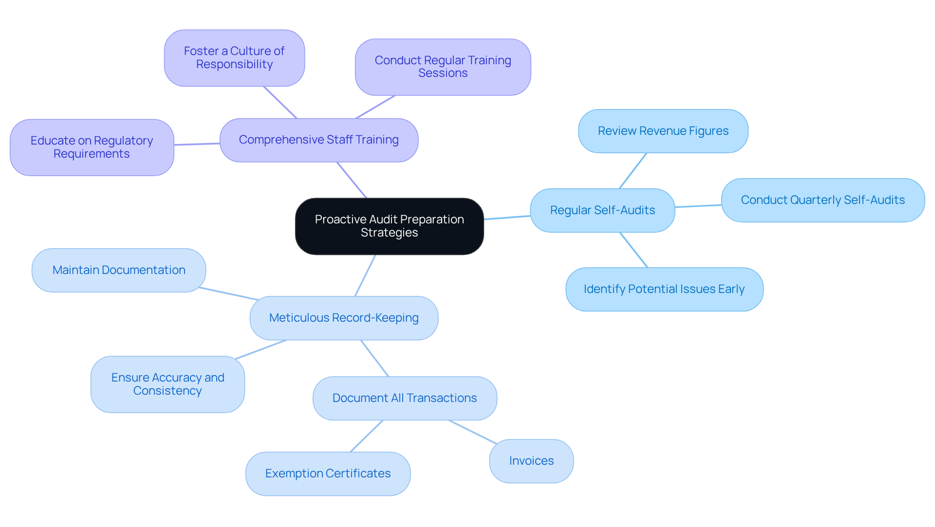 The central node represents the main goal of preparing for a tax audit, while the branches show the key strategies. Each sub-branch provides specific actions or examples related to that strategy.