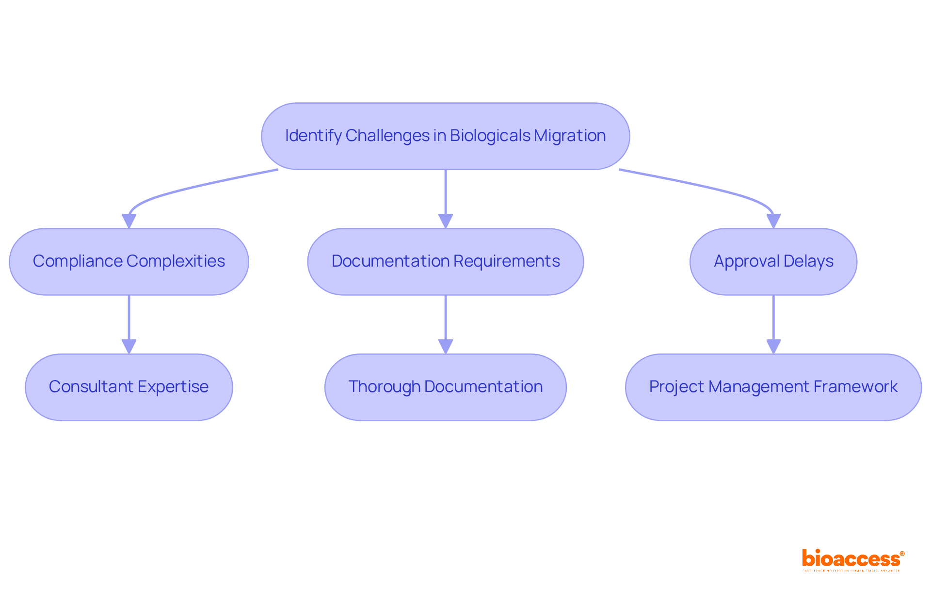 This flowchart shows the main challenges companies face when migrating biologicals and the solutions to tackle them. Follow the arrows to see how each challenge connects to its respective solutions.